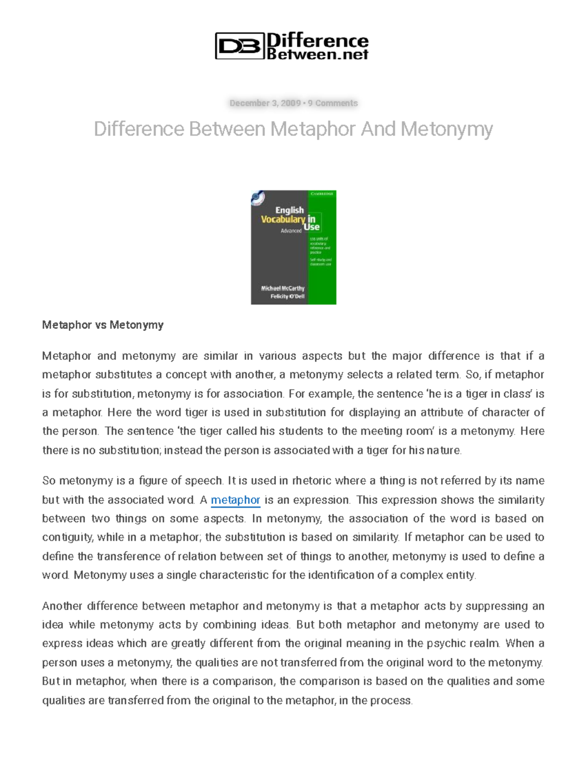 Difference Between Metaphor and Metonymy - Metaphor vs Metonymy ...