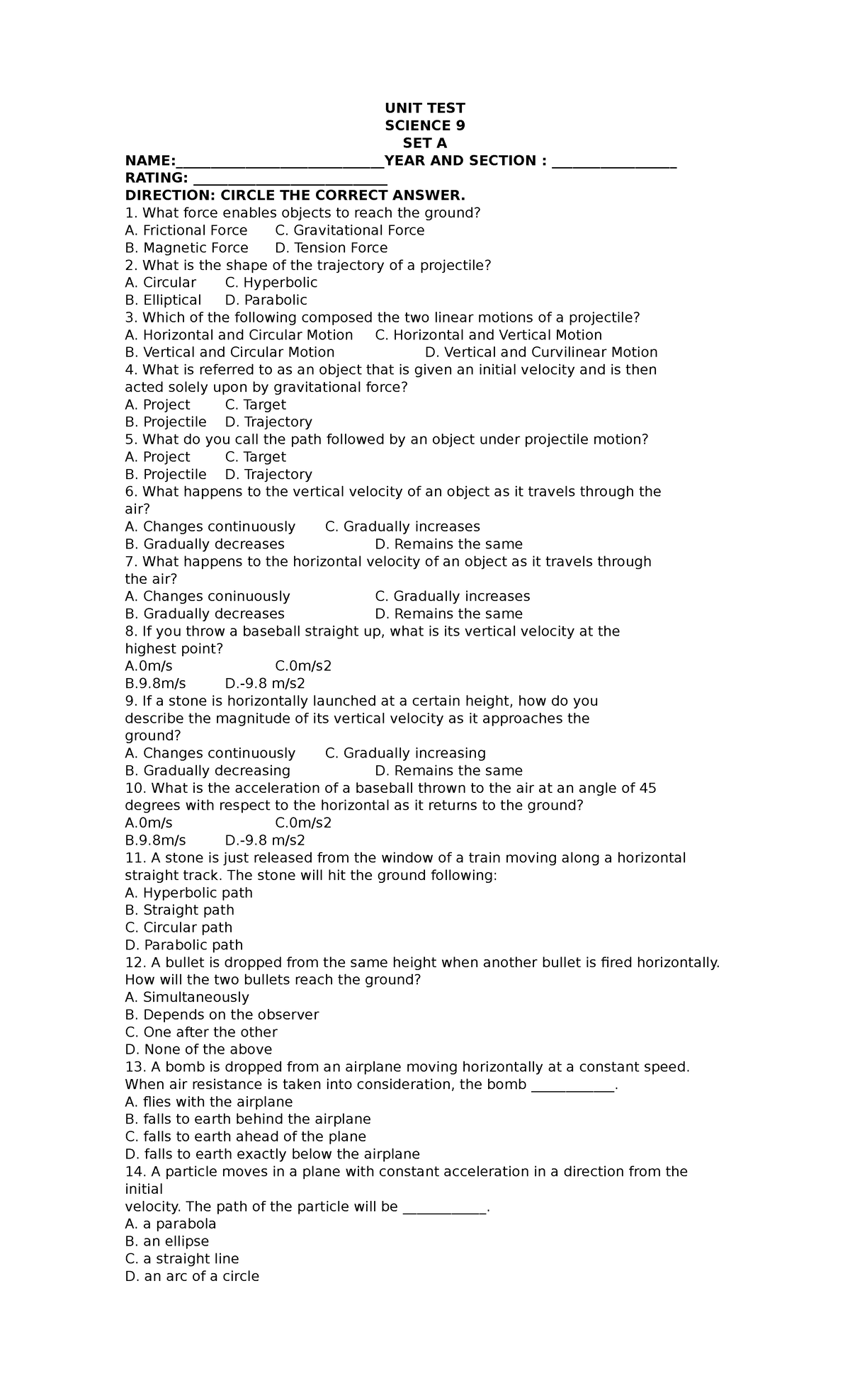 UNIT TEST - Unit test in science 9 - UNIT TEST SCIENCE 9 SET A - Studocu