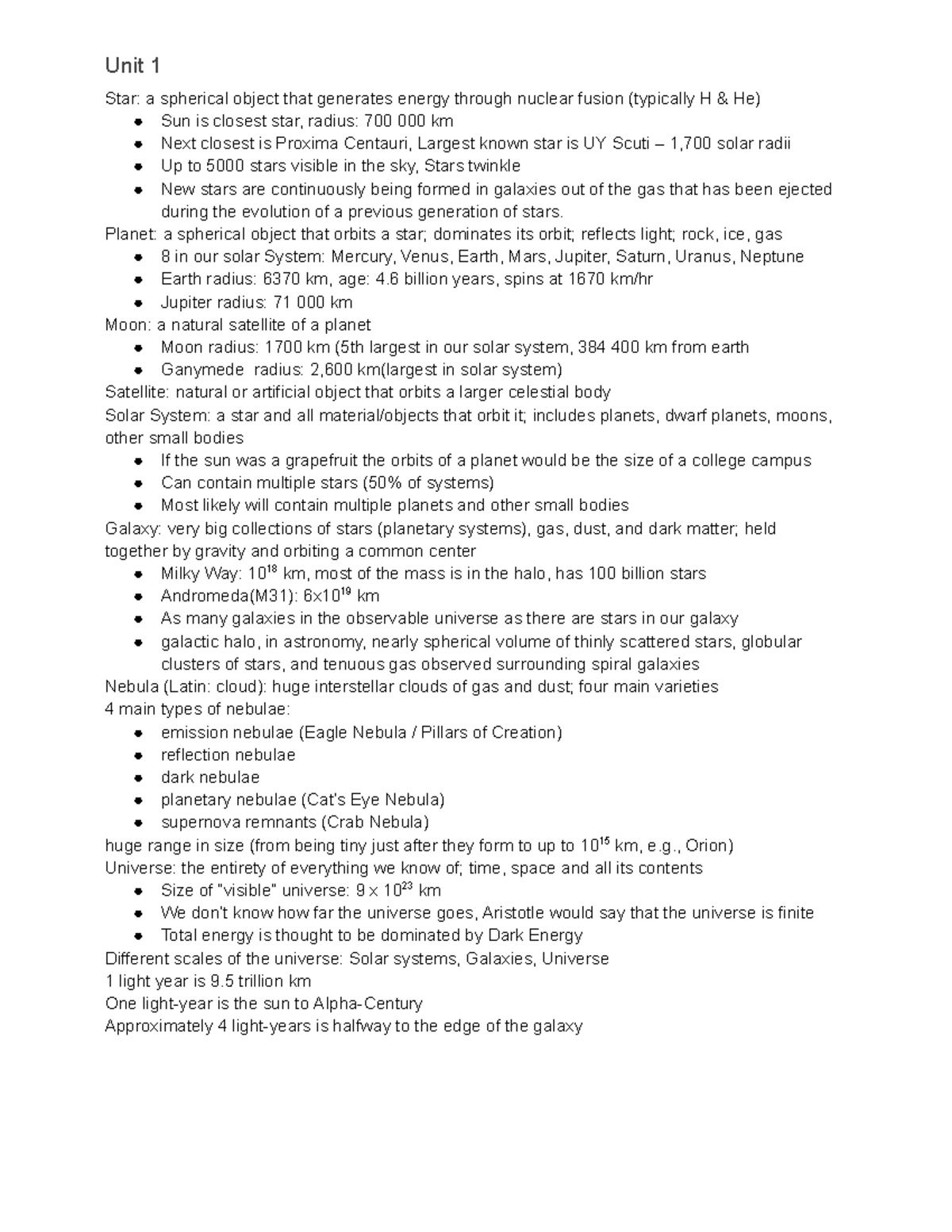 Astronomy Exam sheet - Mid term review - Unit 1 Star: a spherical ...