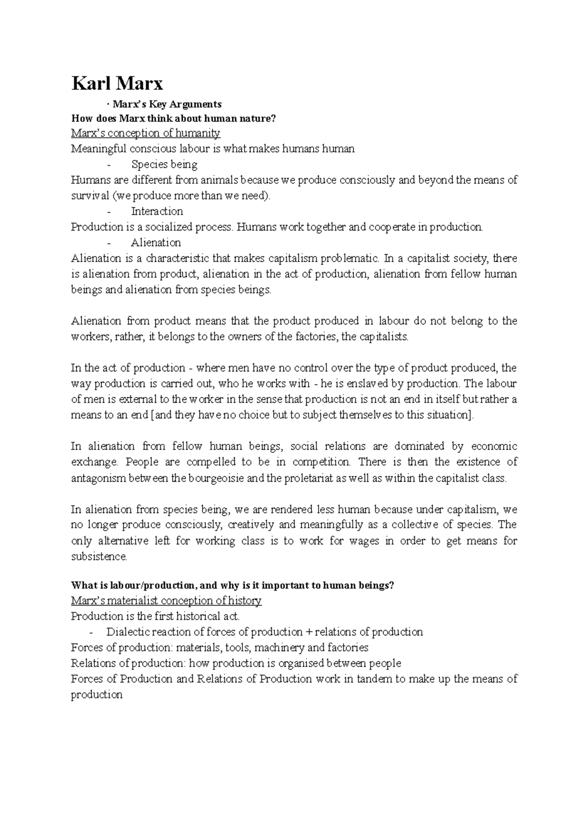 HS2001 Reading MEMO - Summary Classical Social Theory - Karl Marx ...