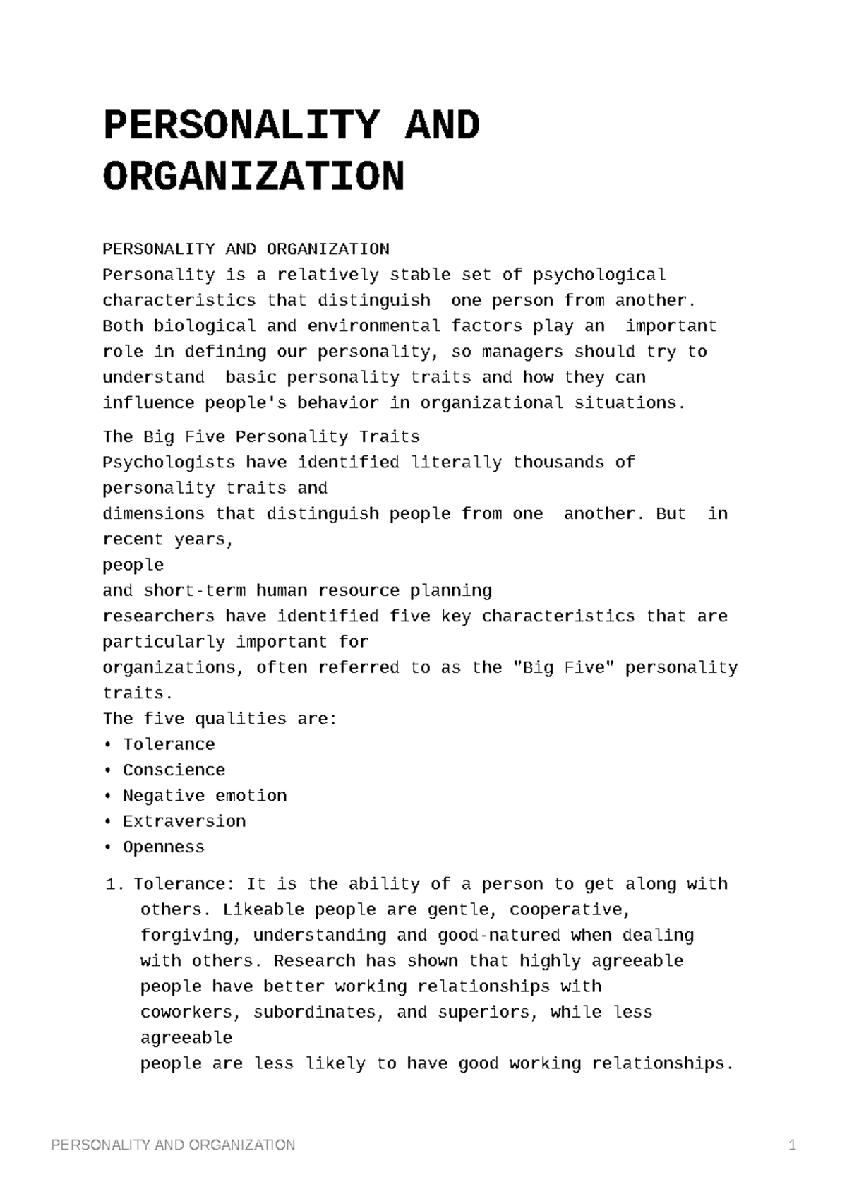 Personality AND Organization - PERSONALITY AND ORGANIZATION PERSONALITY ...