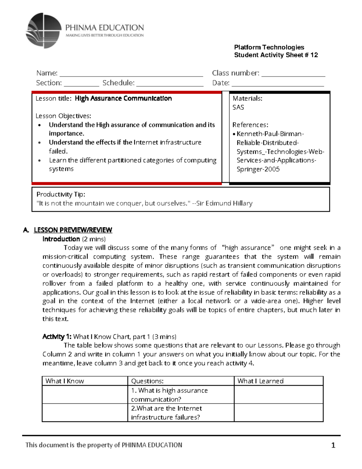 SAS12 ITE335 HIGH Assurance Communication - Student Activity Sheet # 12 ...