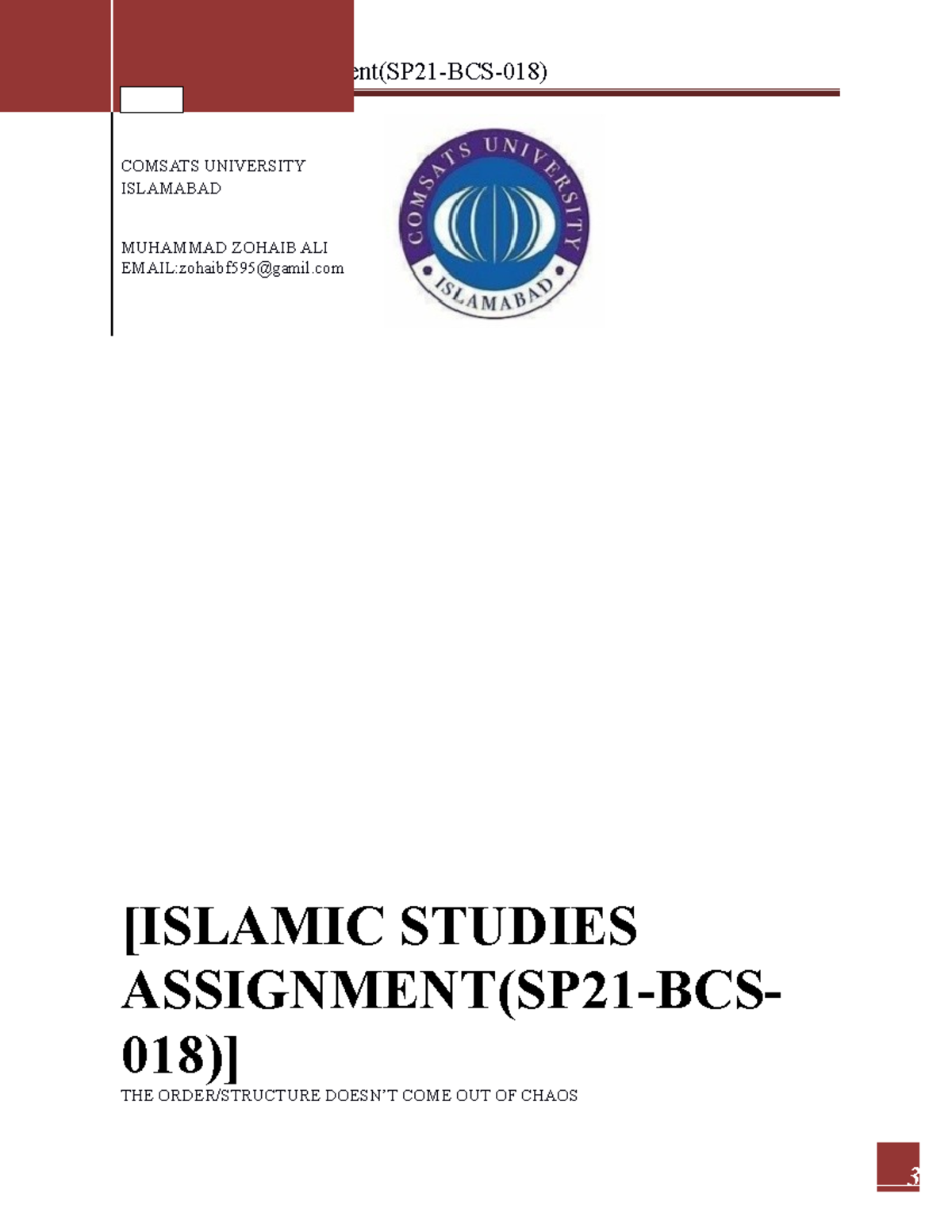 Islamiat assignment - COMSATS UNIVERSITY ISLAMABAD MUHAMMAD ZOHAIB ALI ...