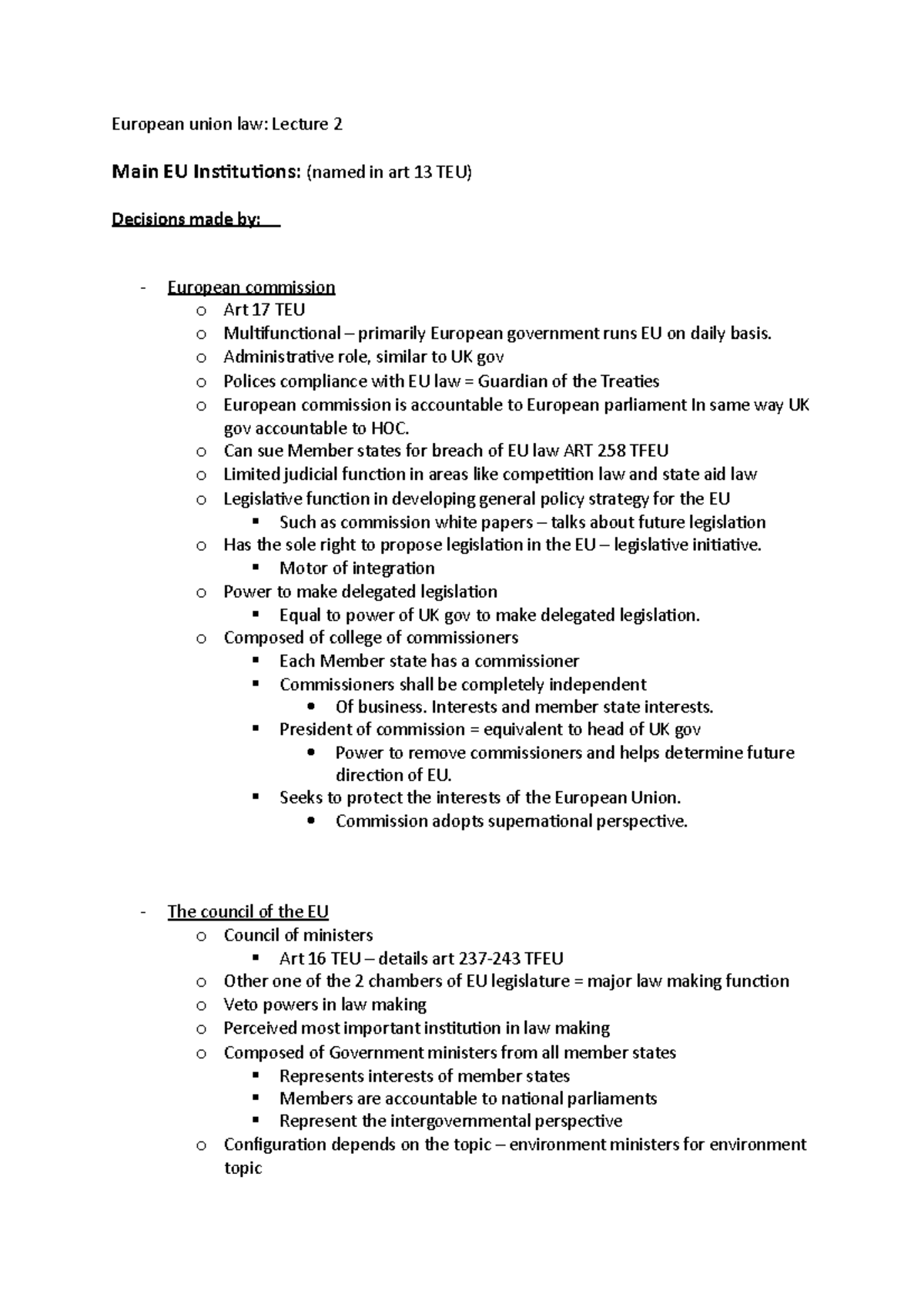 Introduction to the Main EU institutions - Lecture 2 - European union ...