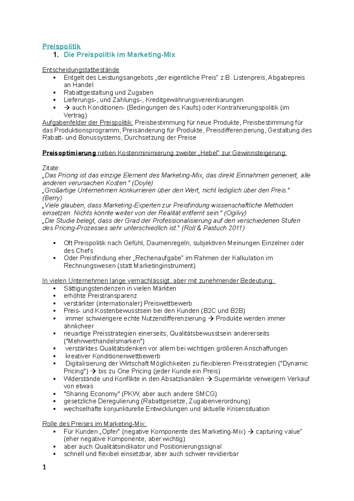 Preispolitik Zusammenfassung - Preispolitik 1. Die Preispolitik im ...