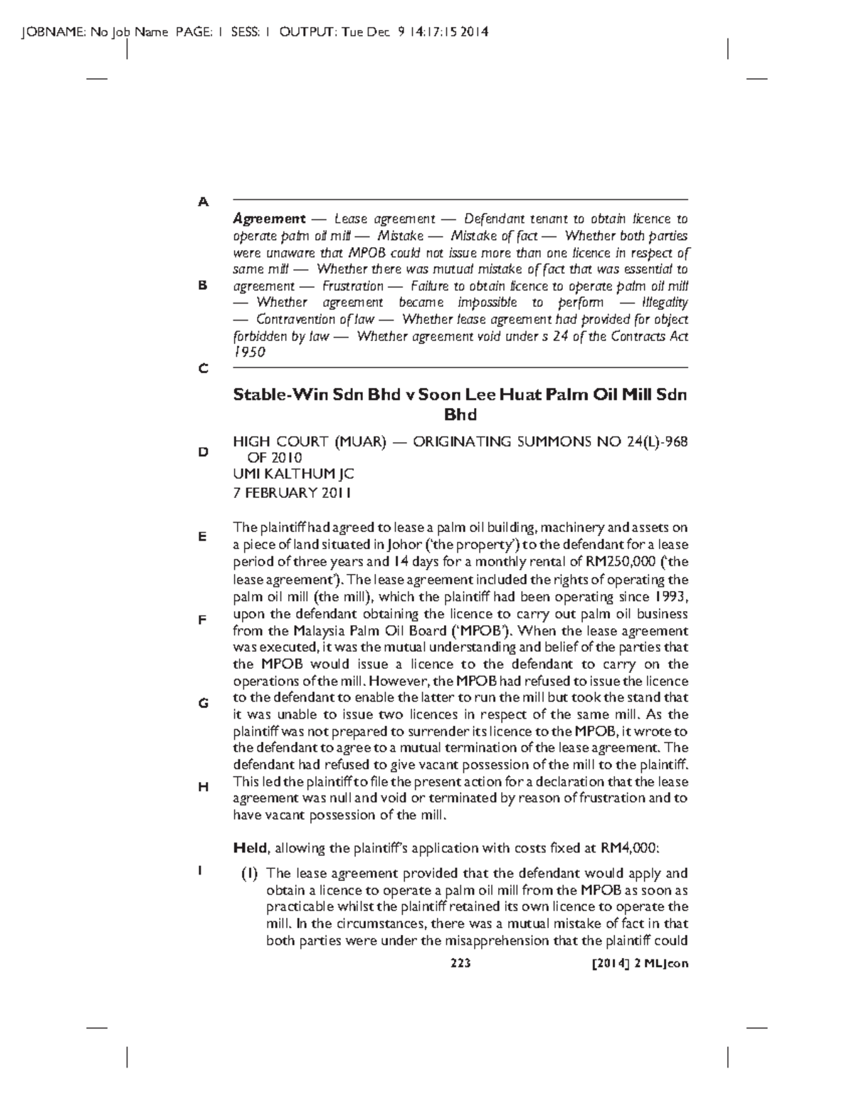 Stable-Win Sdn Bhd v Soon Lee Huat Palm Oil Mill Sdn Bhd - Agreement ...