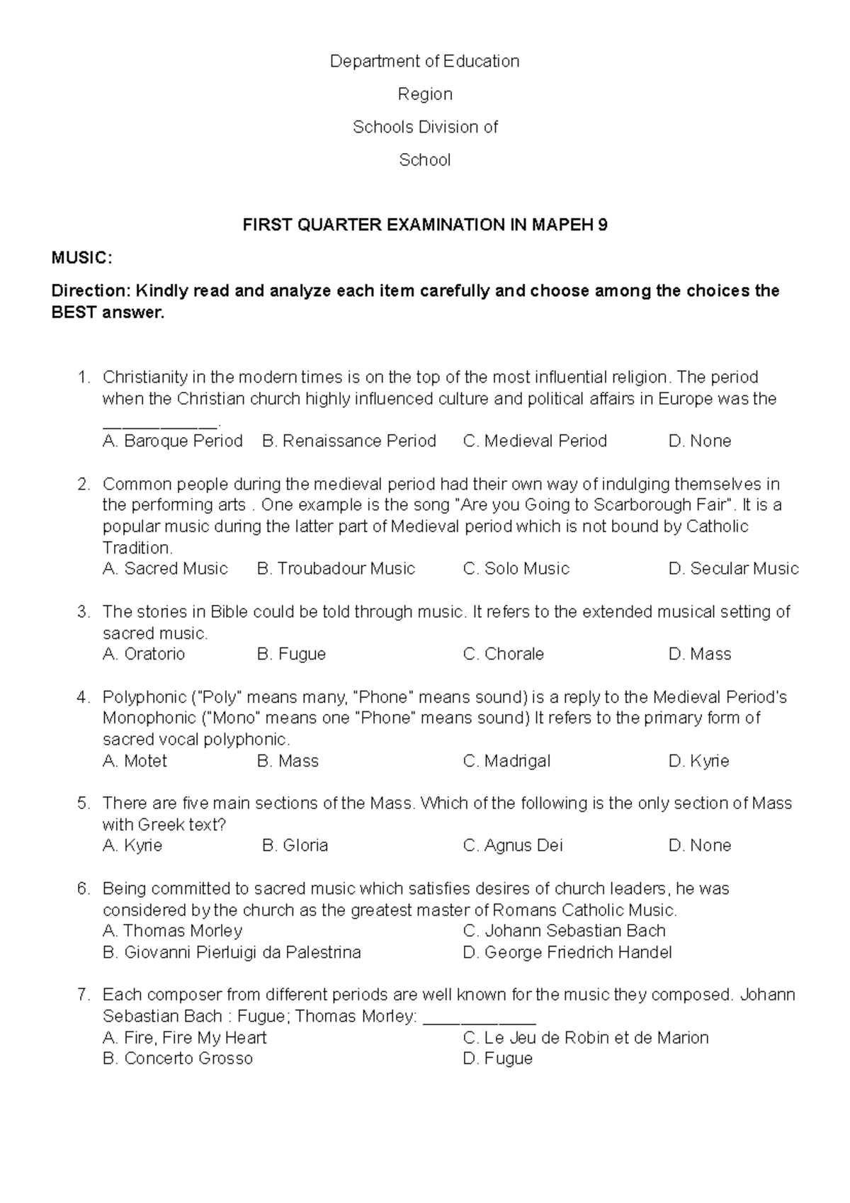Mapeh 9 First Quarter EXAM - Department of Education Region Schools ...