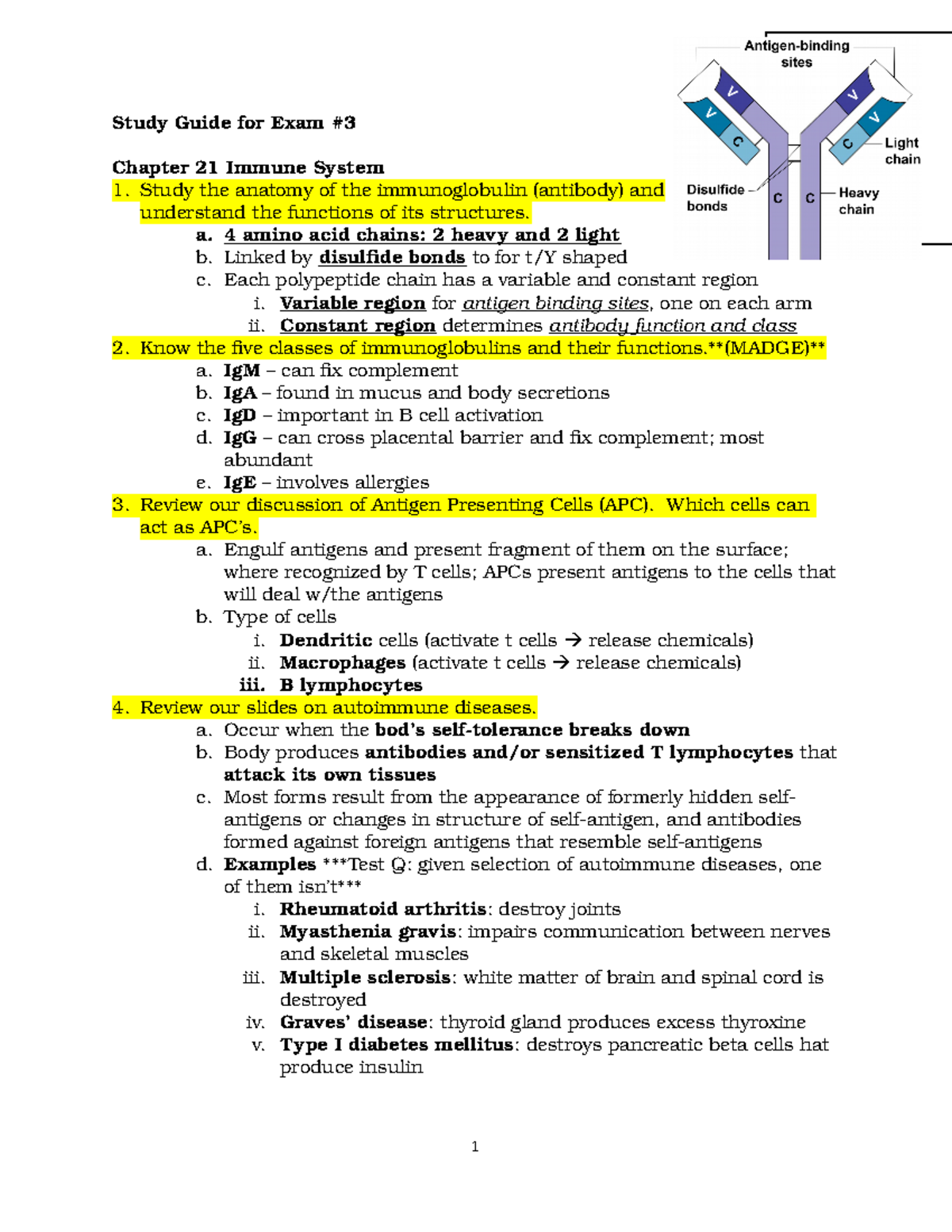 Biol 125 Exam 3 study guide - Study Guide for Exam # Chapter 21 Immune ...