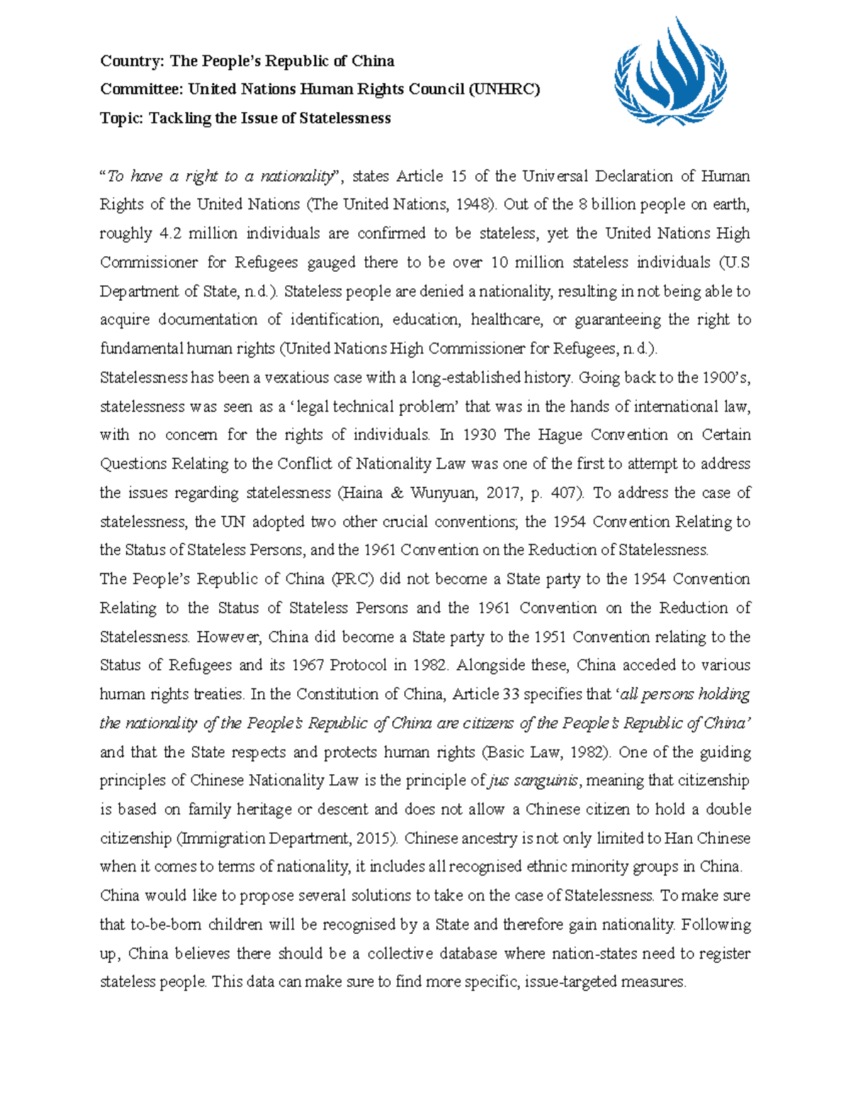 Position Paper China UNHRC - Country: The People’s Republic of China ...