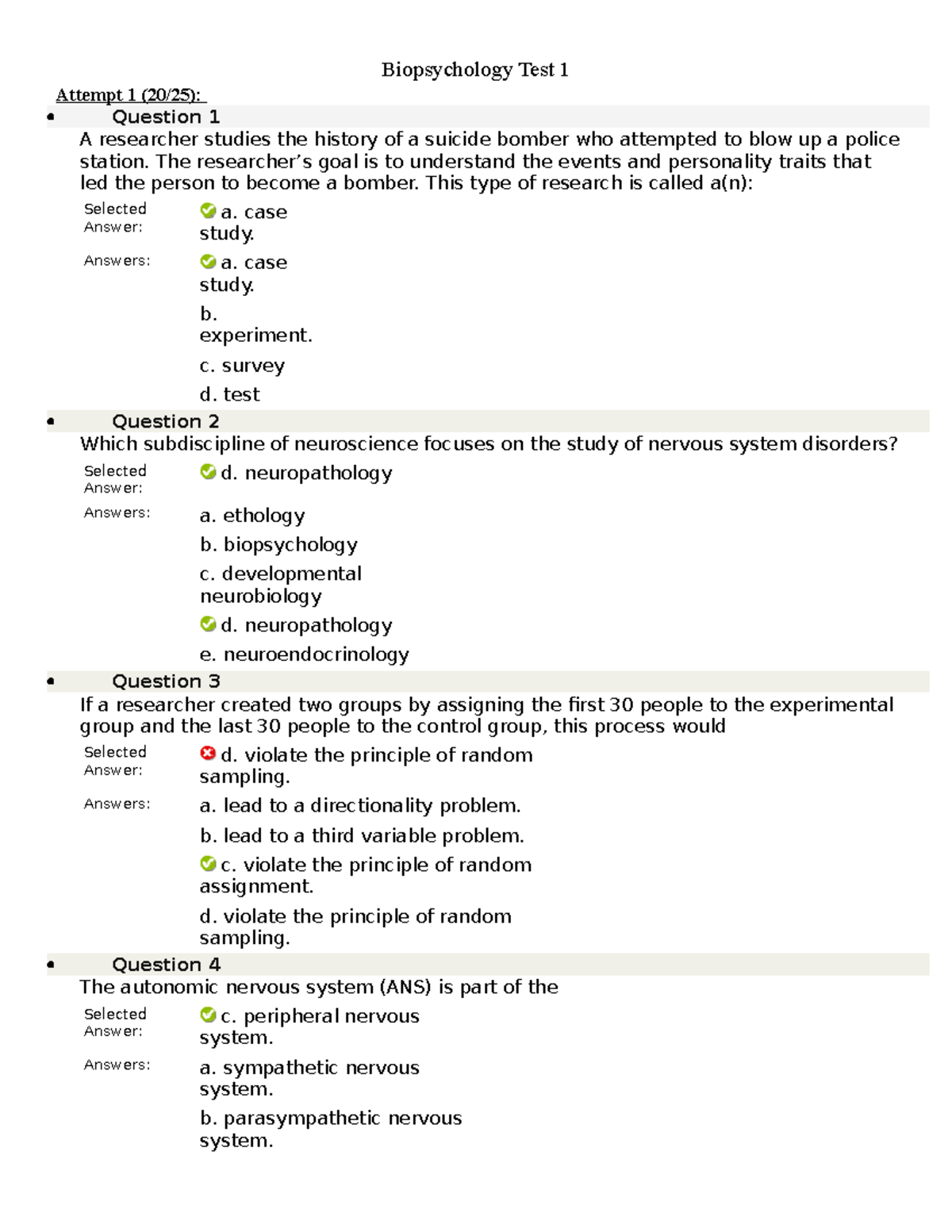 Biopsychology Test 1 Results - Biopsychology Test 1 Attempt 1 (20/25 ...