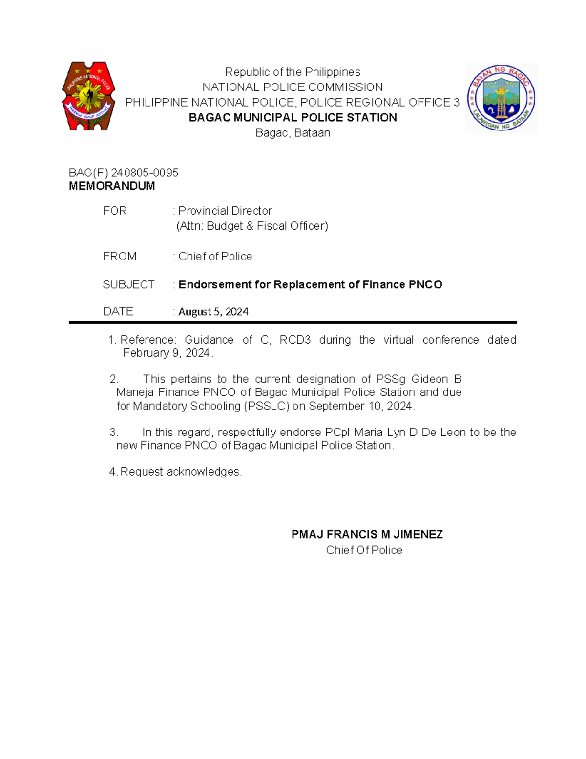 Endorsement-for-Replacement-of-Finance-PNCO Bagac - Republic of the ...
