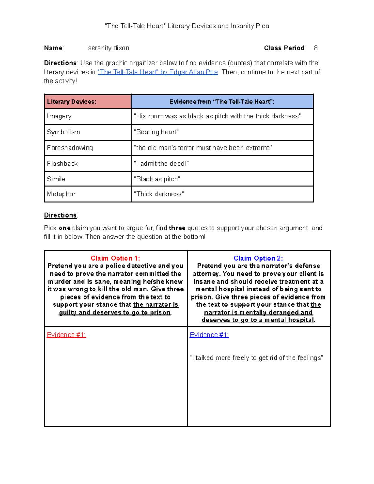 Copy of 10 R "The Tell-Tale Heart" Literary Devices and Insanity Plea ...