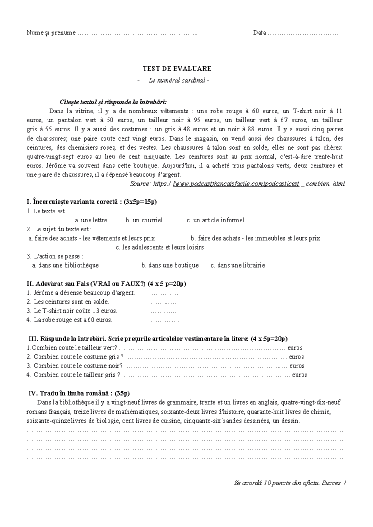 Test de evaluare le numeral cardinal 0100 - Nume și prenume - Studocu