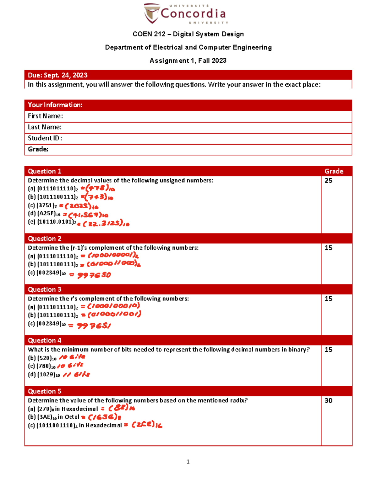 Coen212 Assignment 1 With Answers 1 Coen 212 Digital System Design Department Of