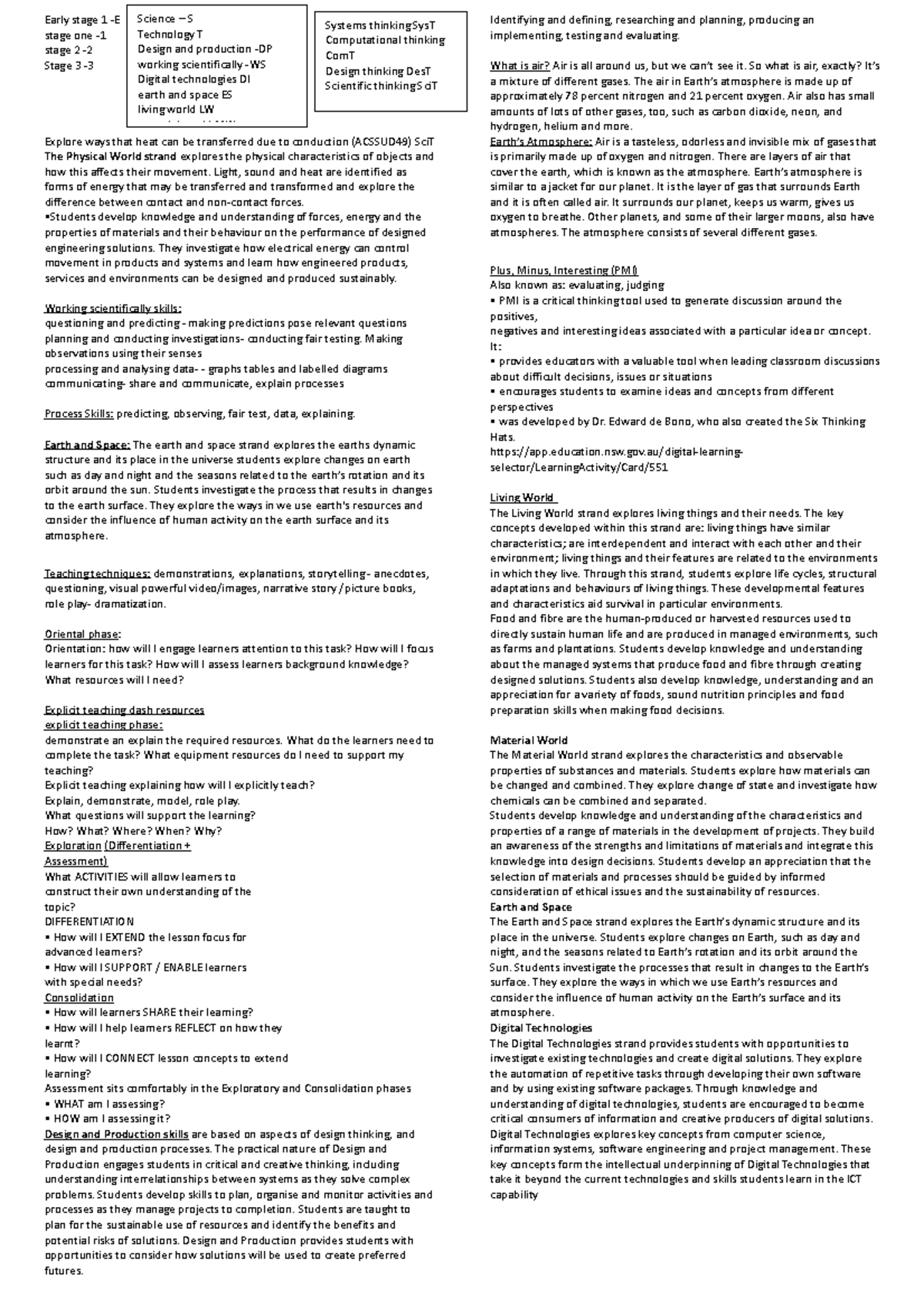 Science Cheat Sheet - Early stage 1 -E stage one - stage 2 - Stage 3 ...