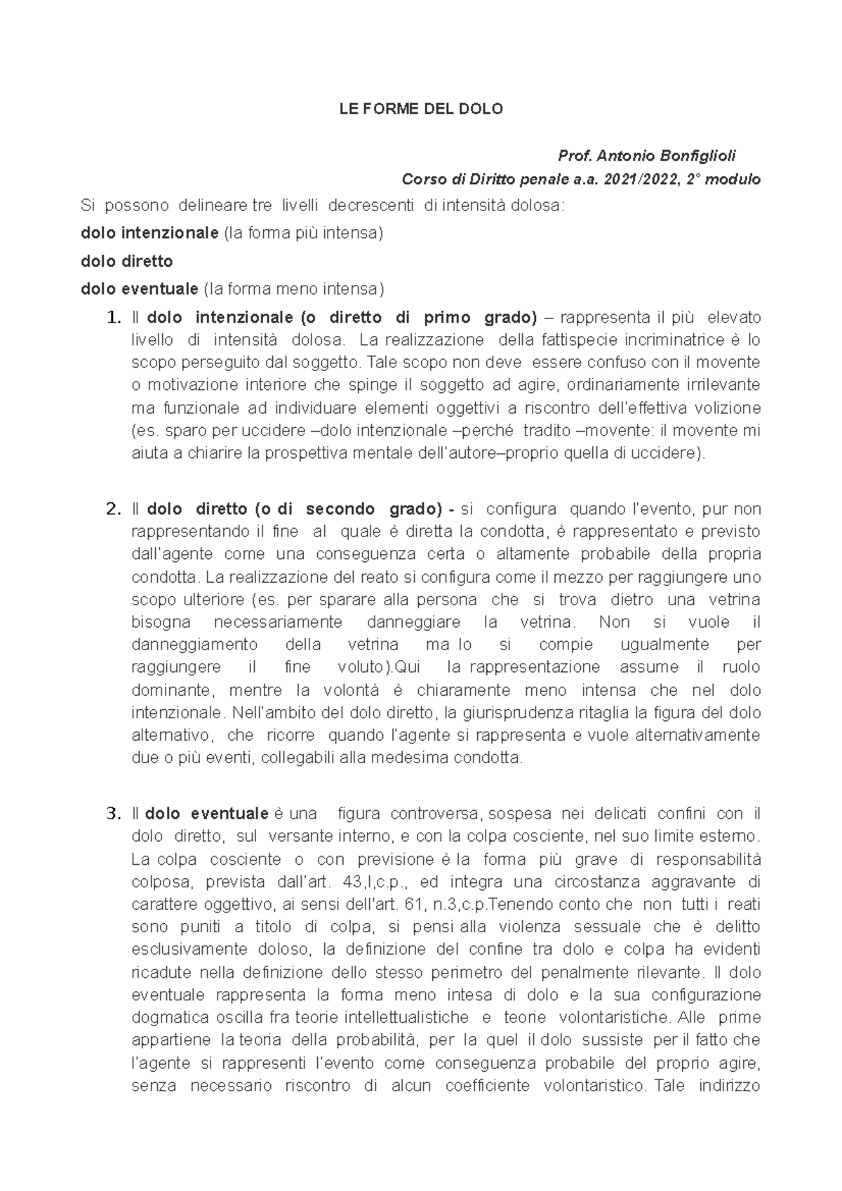 Le forme del dolo - LE FORME DEL DOLO Prof. Antonio Bonfiglioli Corso ...
