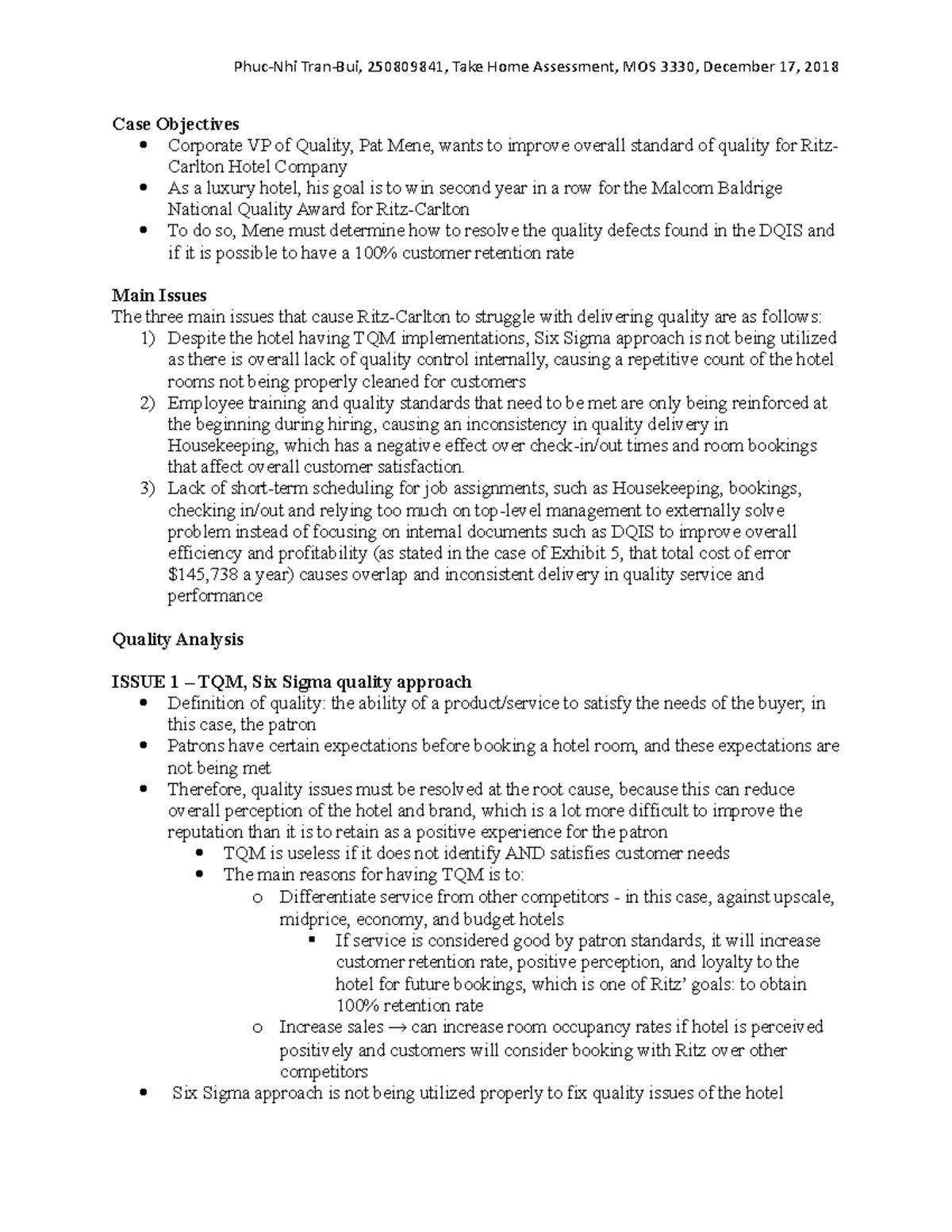 Case MOS 3330 - case study - Case Objectives Corporate VP of Quality ...