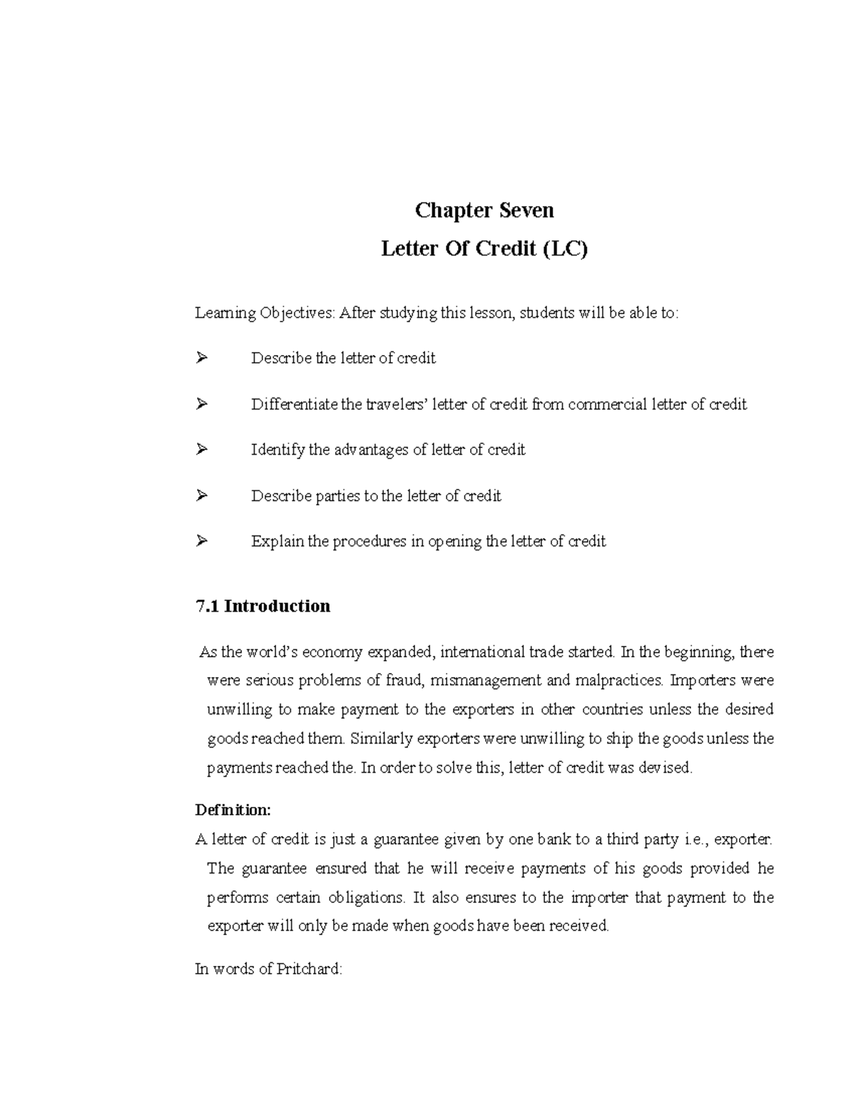 Banking Practice and Procedure Chapter Seven - Chapter Seven Letter Of ...