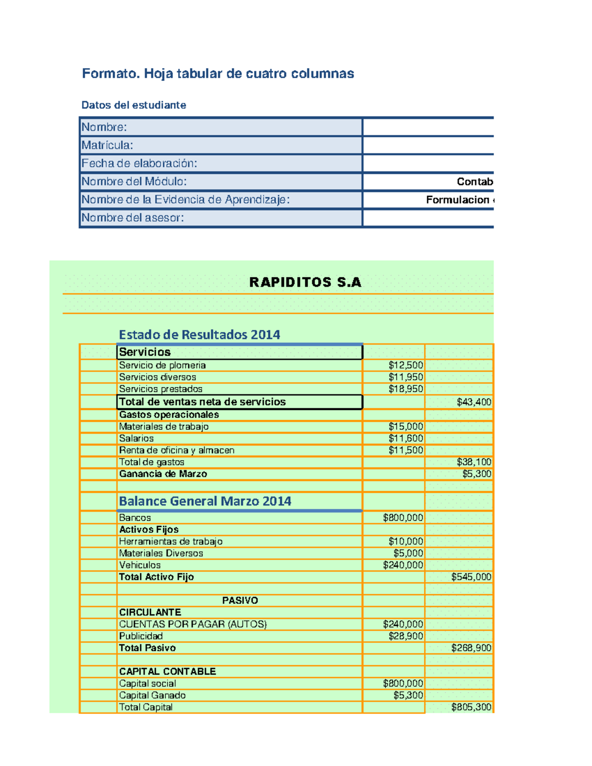 Formulacion de estados Financieros - Formato. Hoja tabular de cuatro ...