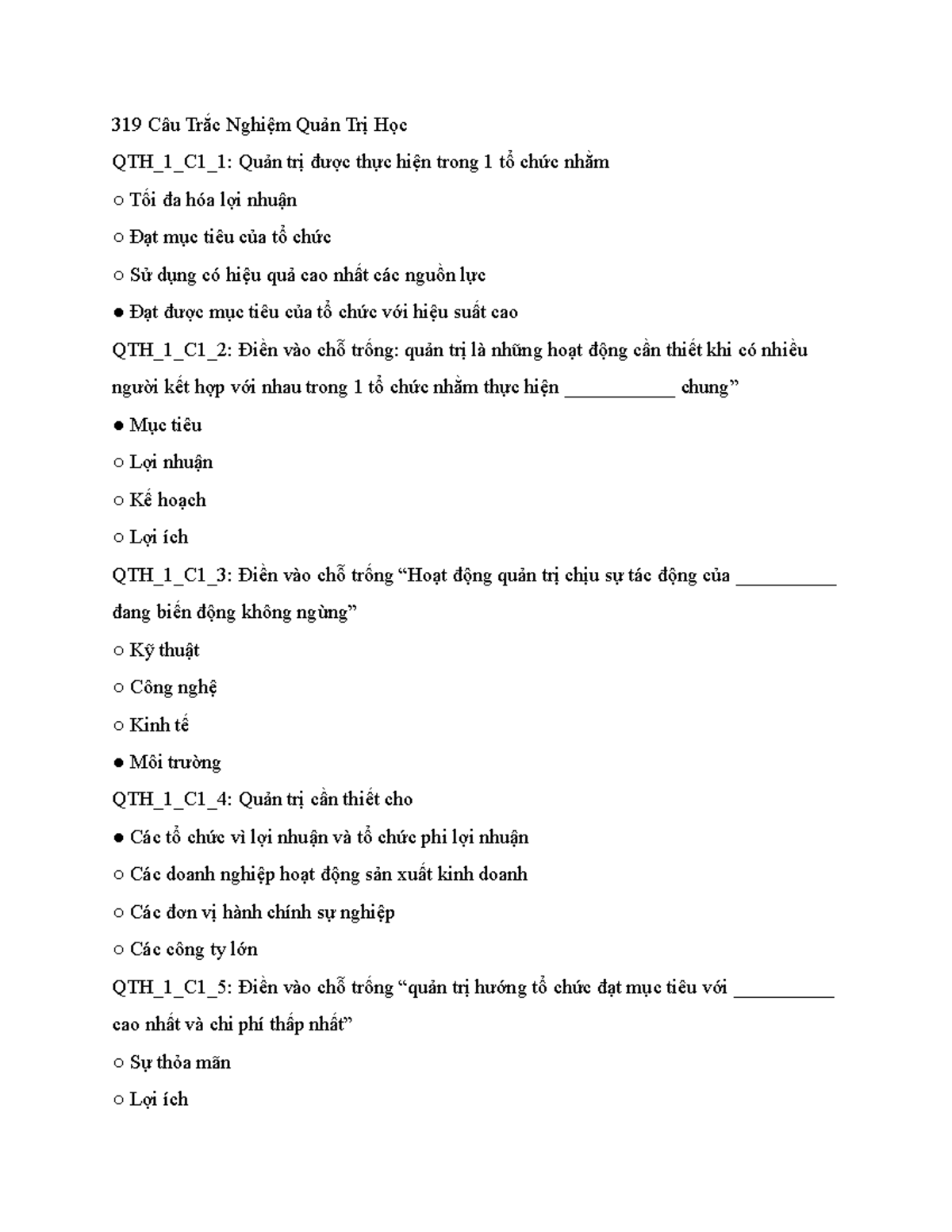 319 Câu Trắc Nghiệm Quản Trị Học - 319 Câu Trắc Nghiệm Quản Trị Học QTH_1_C1_1: Quản trị được ...