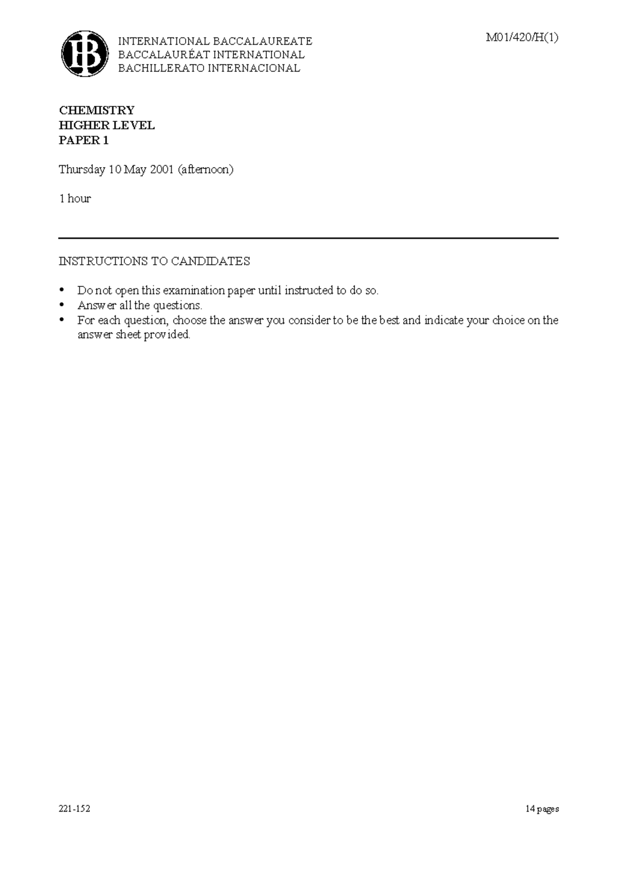 Chemistry paper 1 HL - CHEMISTRY HIGHER LEVEL PAPER 1 Thursday 10 May ...