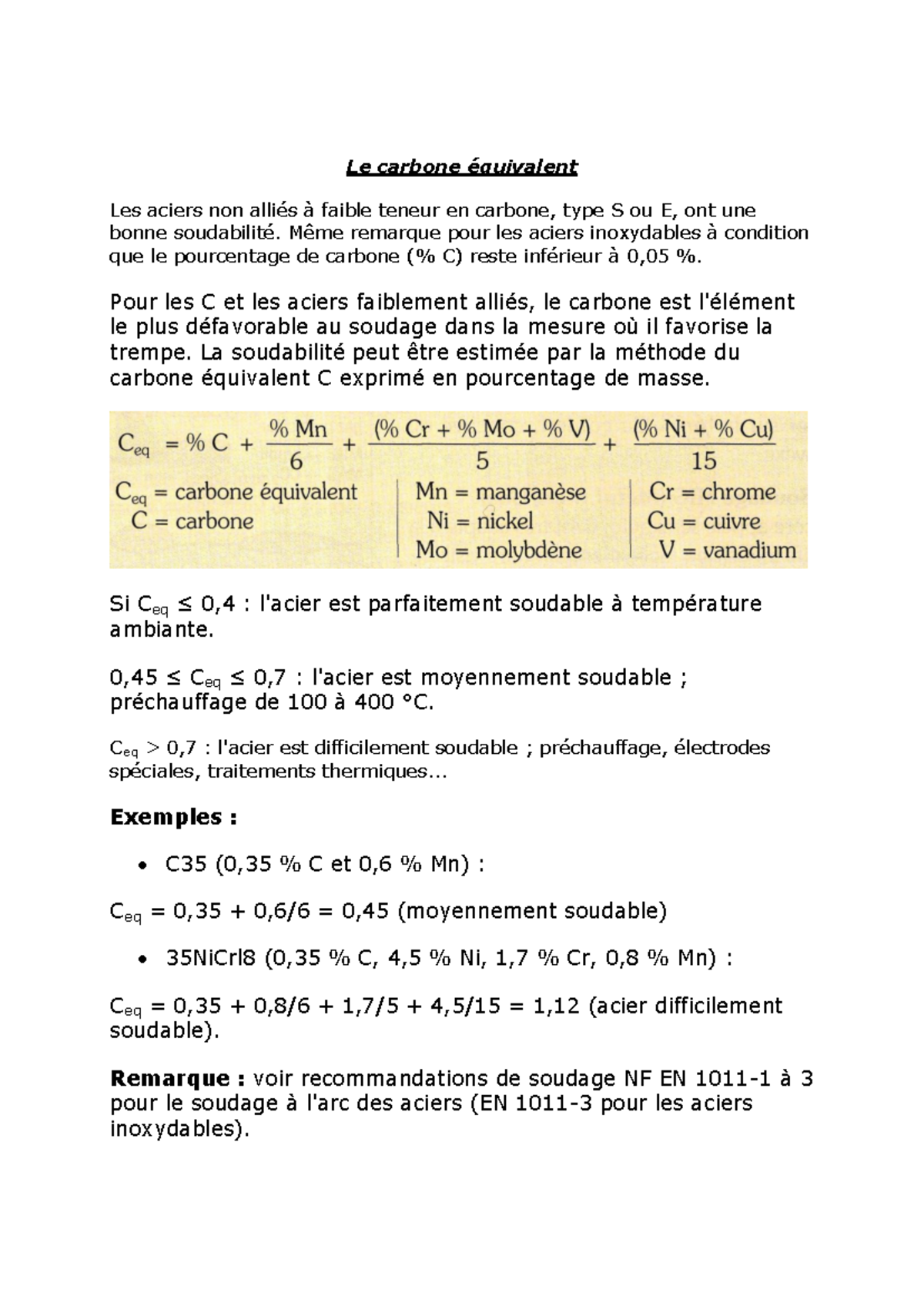 Le carbone équivalent - examen - Le carbone équivalent Les aciers non ...