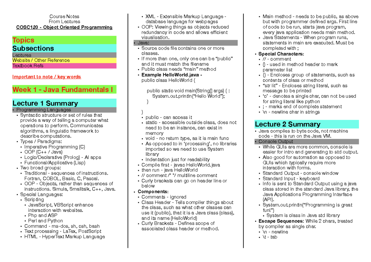 COSC120 Lecture Notes - Course Notes From Lectures COSC120 - Object ...