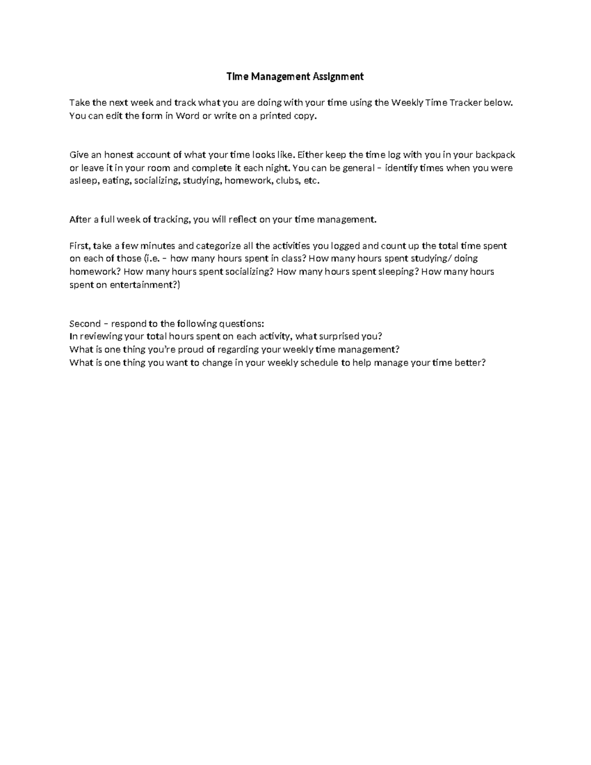 Time Management Assignment - You can edit the form in Word or write on ...