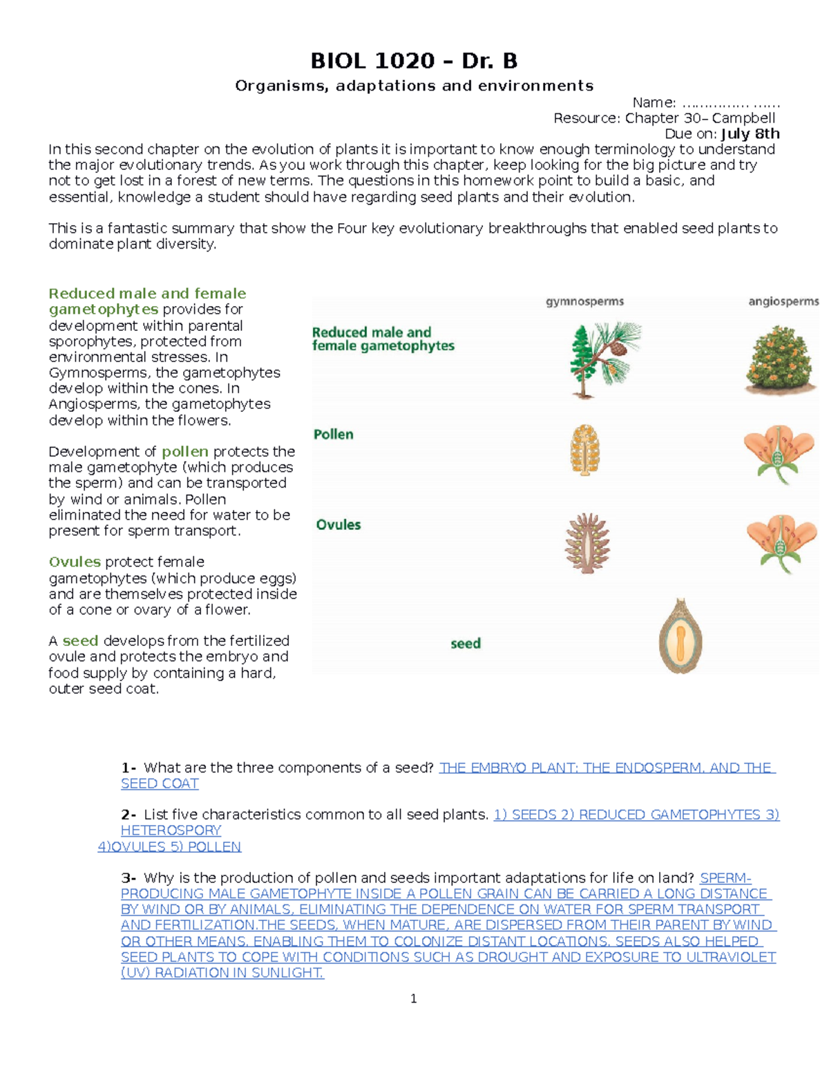 12. Homework Evolution of seed plants CH 30 - Organisms, adaptations ...
