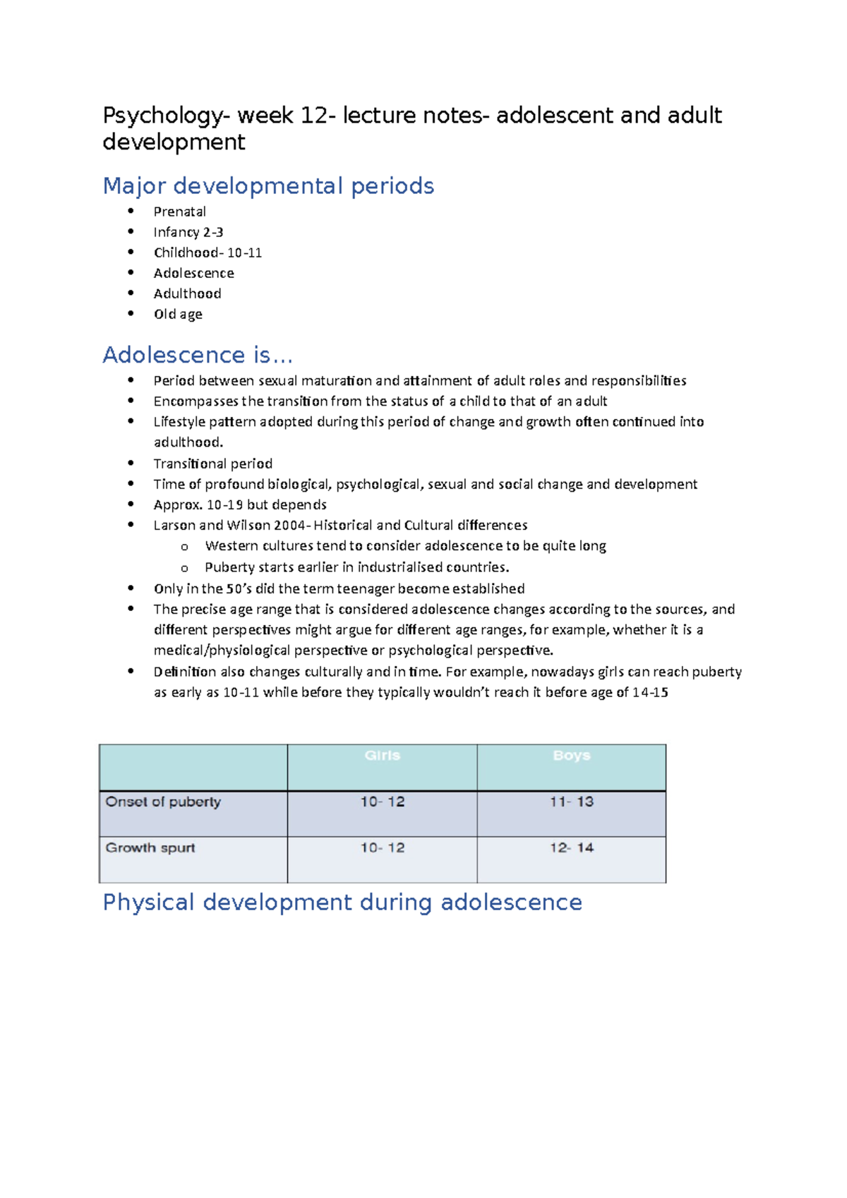 Introduction to psychology I- lecture notes- week 12 adolescent and ...