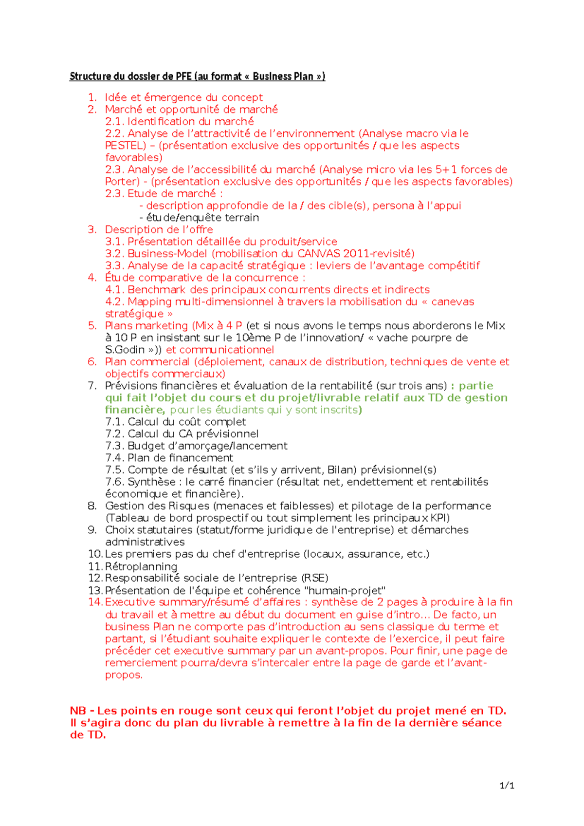 Doc2 complément Plan détaillé BP - Structure du dossier de PFE (au format « Business Plan ») 1 ...