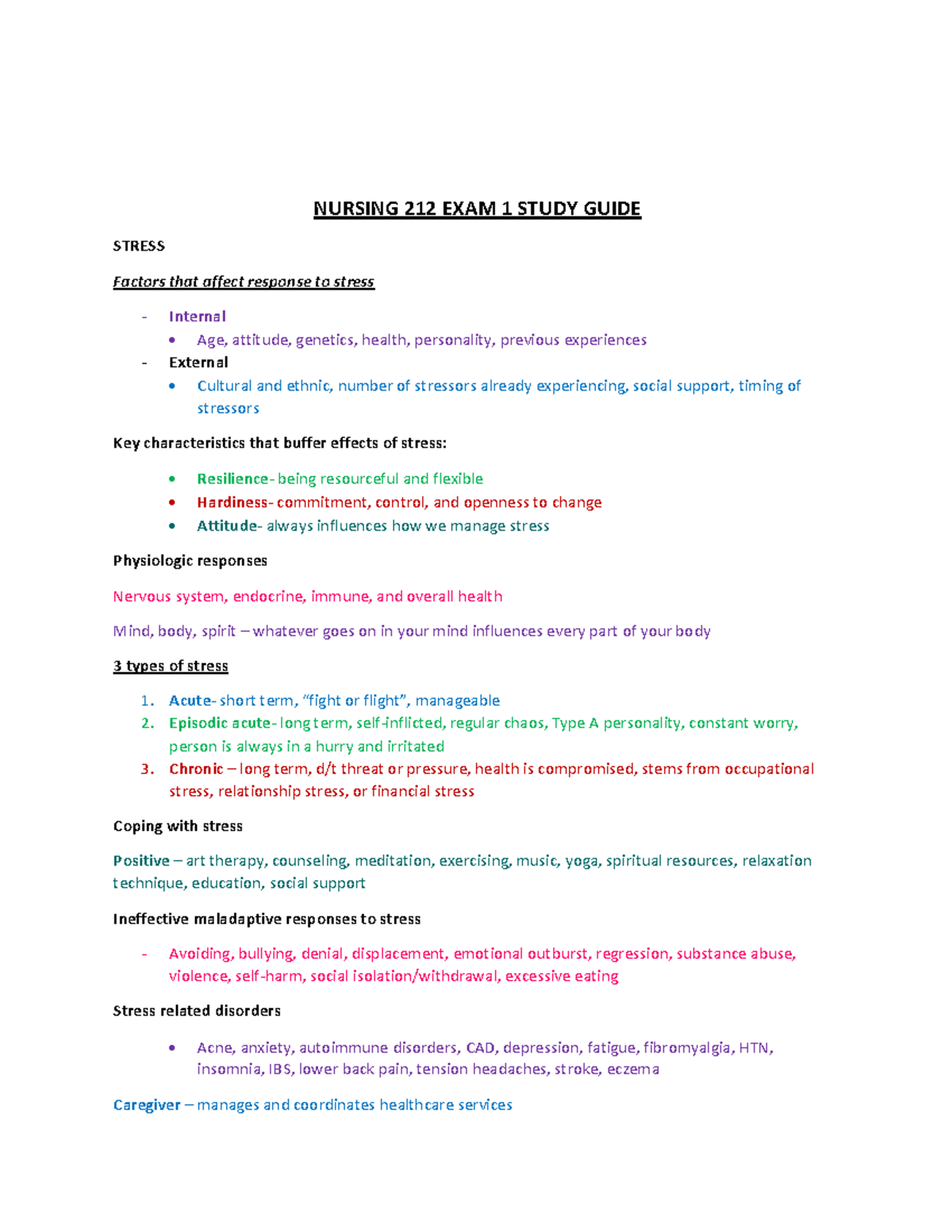 NUR212 exam 1 study guide - NURSING 212 EXAM 1 STUDY GUIDE STRESS Factors that affect response ...