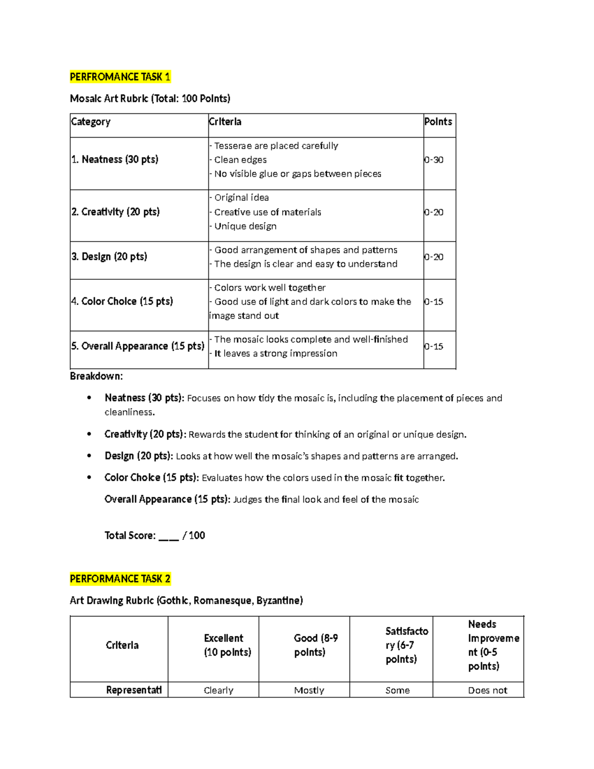 Rubrics FOR PETA 1 & PETA 2 - PERFROMANCE TASK 1 Mosaic Art Rubric ...