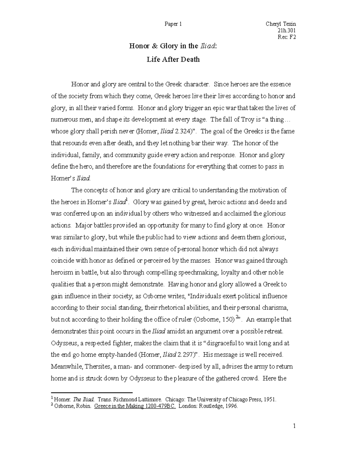 Iliad Honor and Glory - Essays - 21h. Rec: F Honor & Glory in the Iliad ...