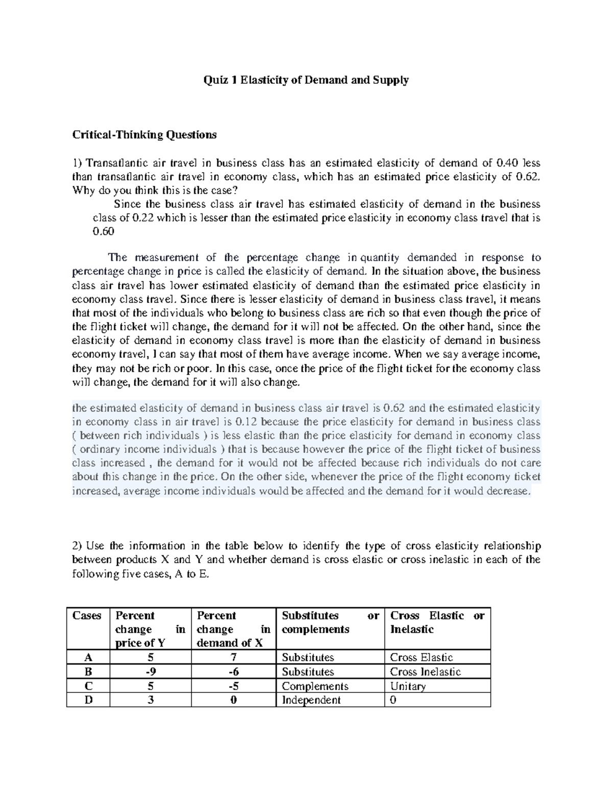 Quiz 1 Elasticity of Demand and Supply - Quiz 1 Elasticity of Demand ...