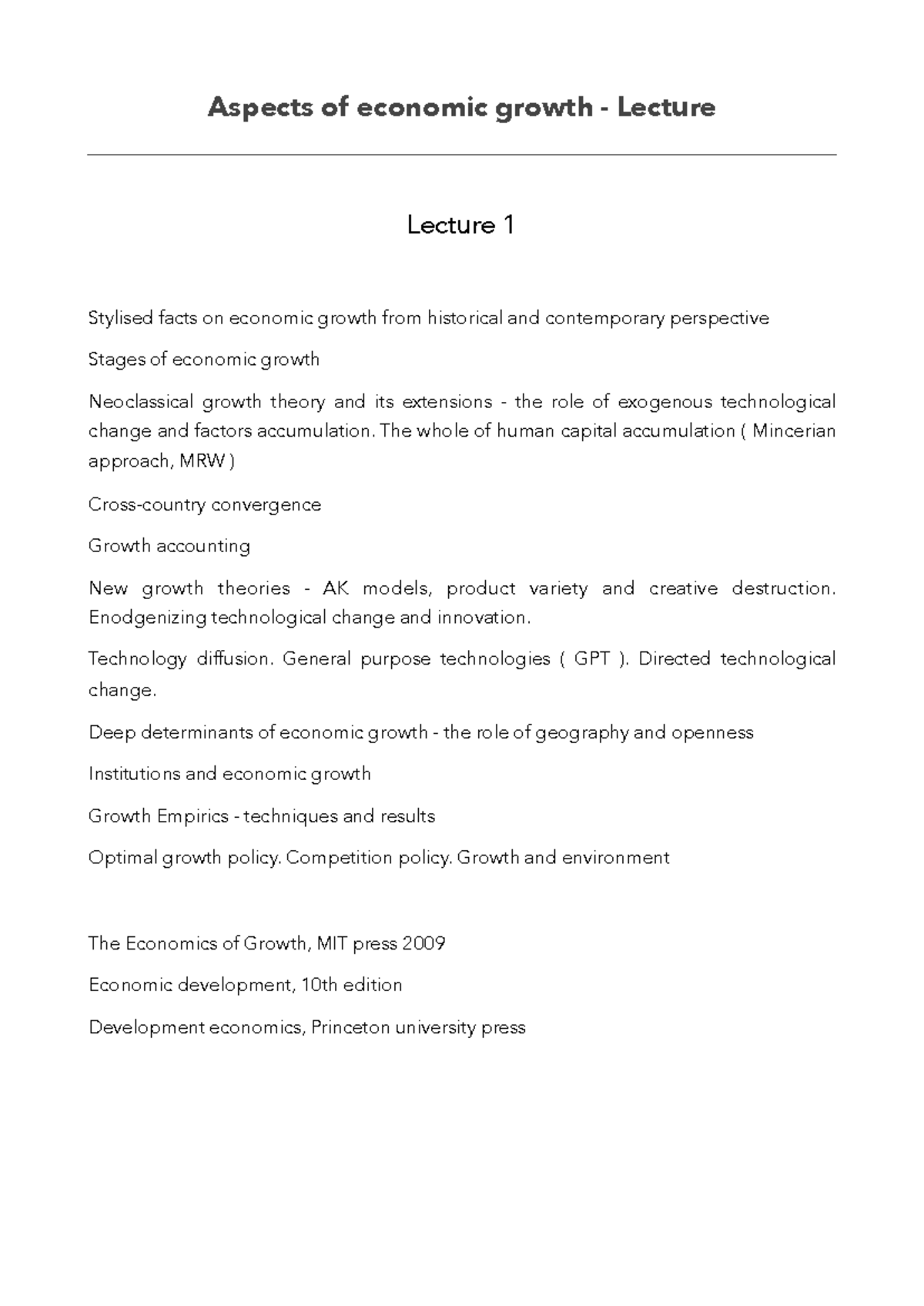 Aspects of economic growth - Lecture - Aspects of economic growth ...