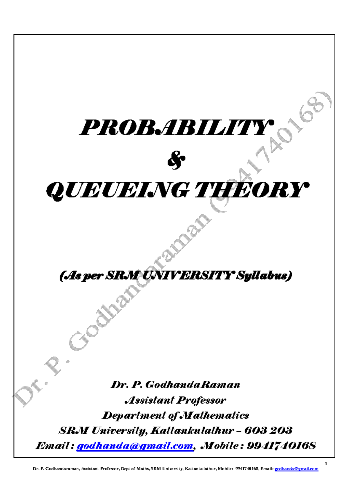 Unit 1,2,3,4,5 Maths Probability and Queueing Theory - 1 PROBABILITY & QUEUEING THEORY (As per ...