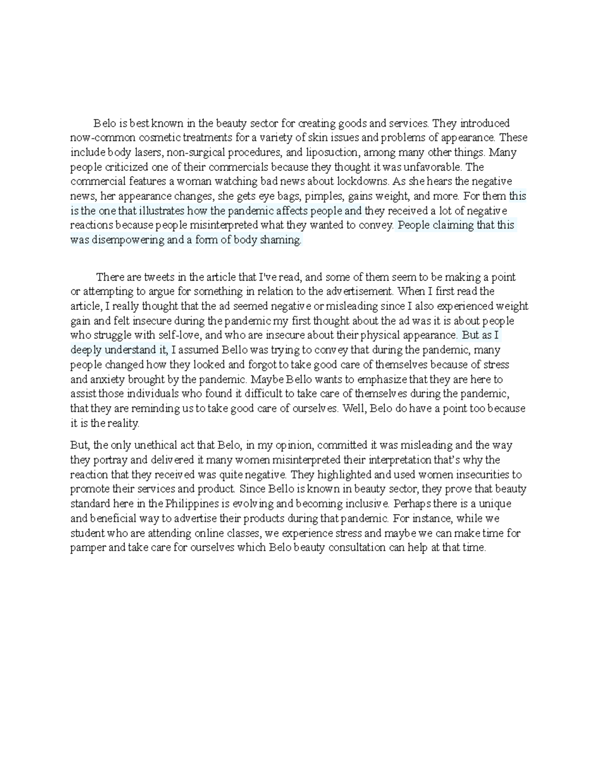 Working Paper - Essay - Belo is best known in the beauty sector for ...