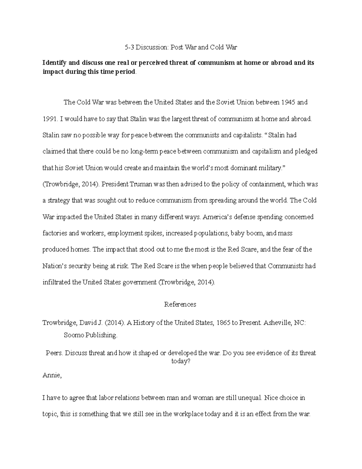 5-3 Discussion Post war and cold war - Discussion: Post War and Cold ...