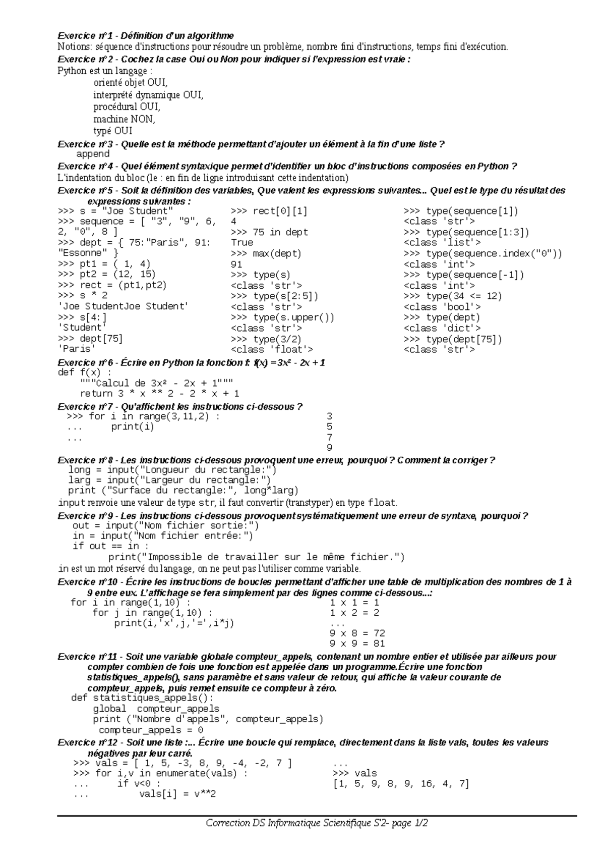 Exempleds-corrige - Exercice n° 1 - Définition d’un algorithme Notions ...