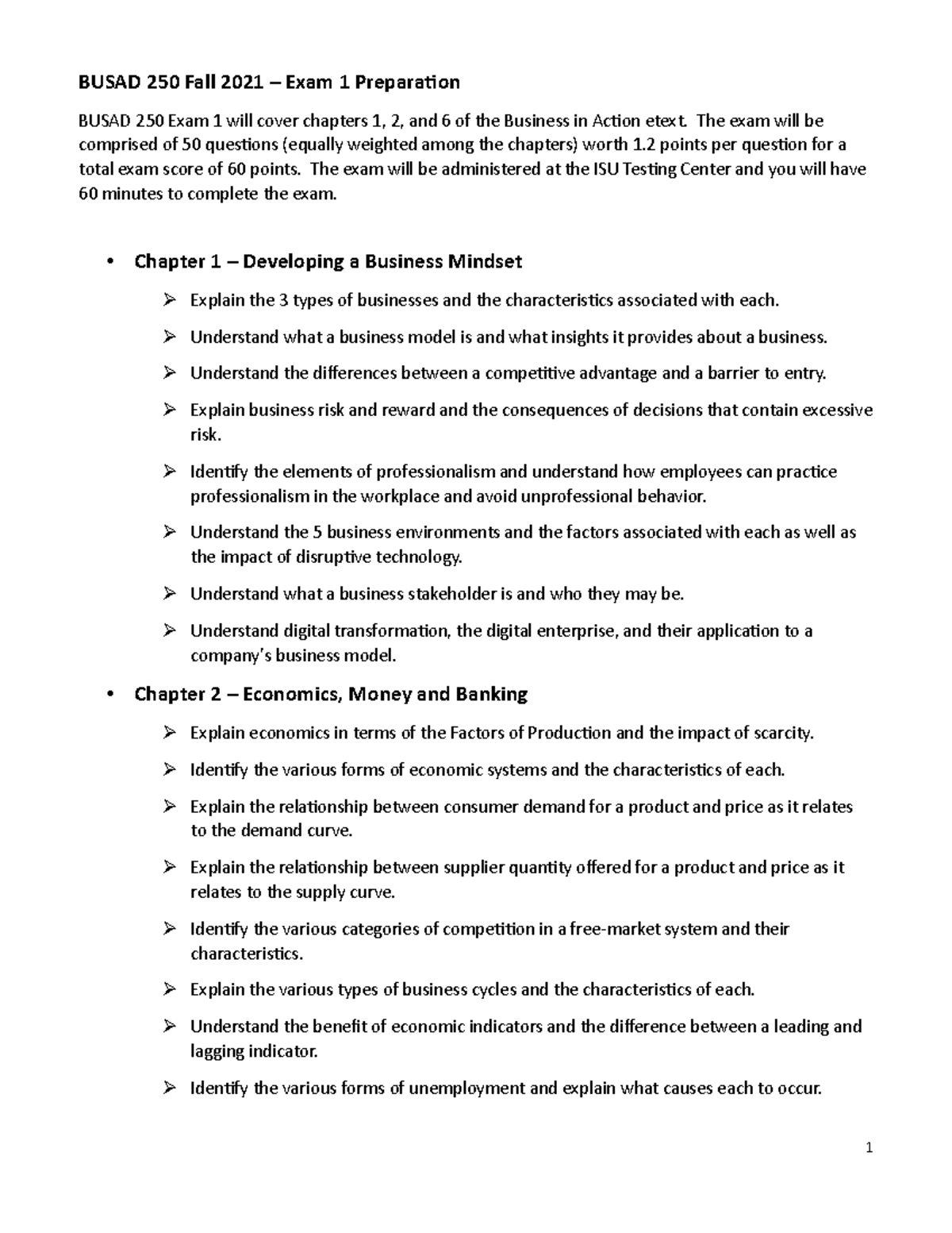 Busad 250 Fall 2021 Exam 1 Study Guide - BUSAD 250 Fall 2021 – Exam 1 ...