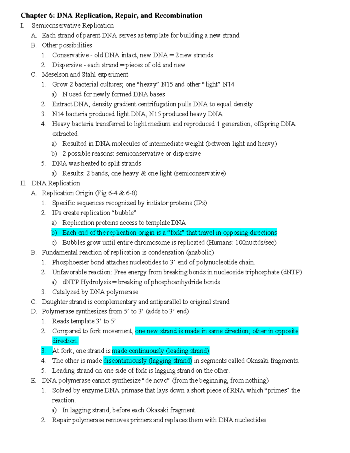cell Ch 6 Notes - Chapter 6: DNA Replication, Repair, and Recombination ...