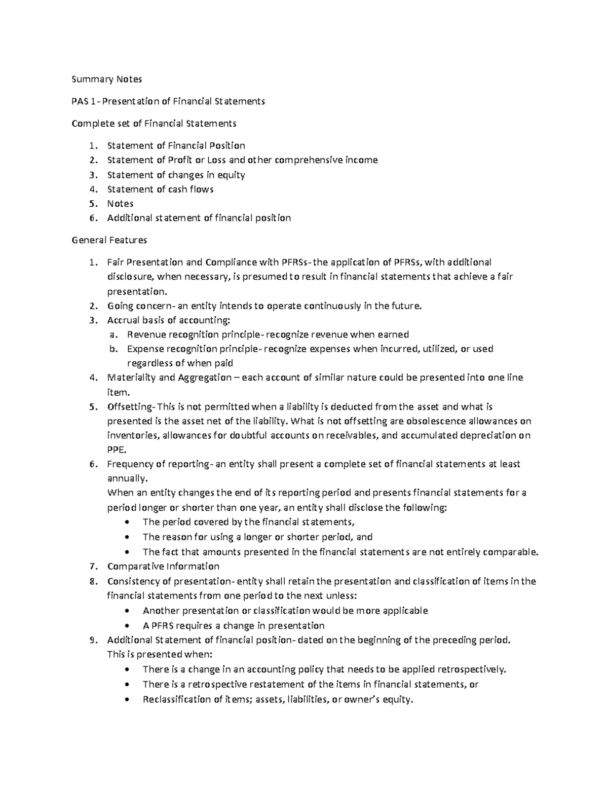 PAS 1- Presentation of Financial Statements - Summary Notes PAS 1 ...