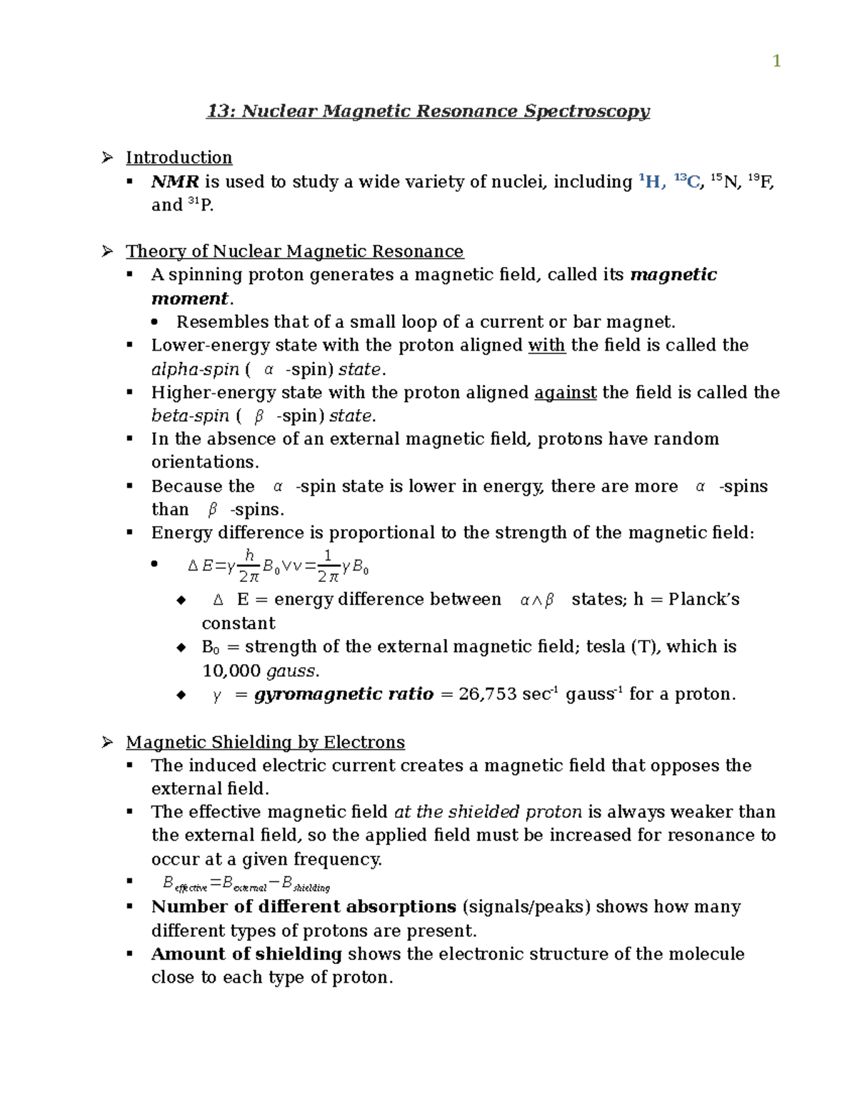 Orgo 13 - Summary Organic Chemistry - 13: Nuclear Magnetic Resonance ...