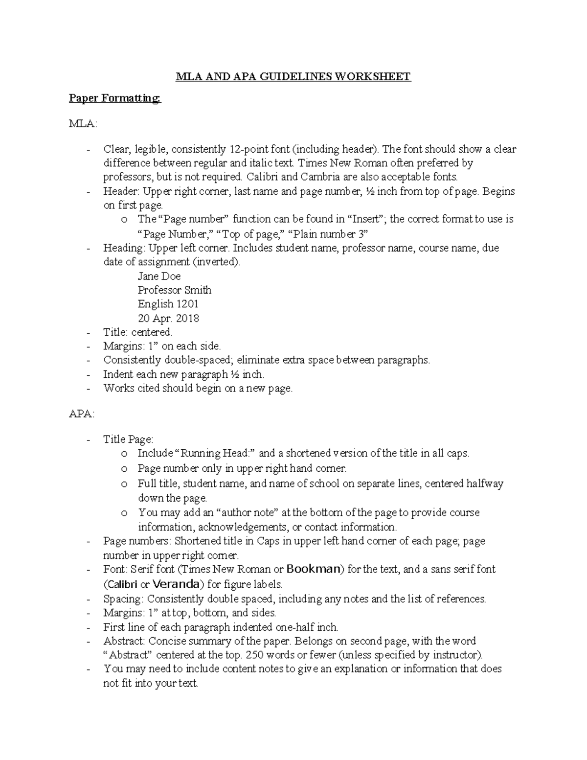 Notes #5 (mla and apa ws guide) - MLA AND APA GUIDELINES WORKSHEET ...