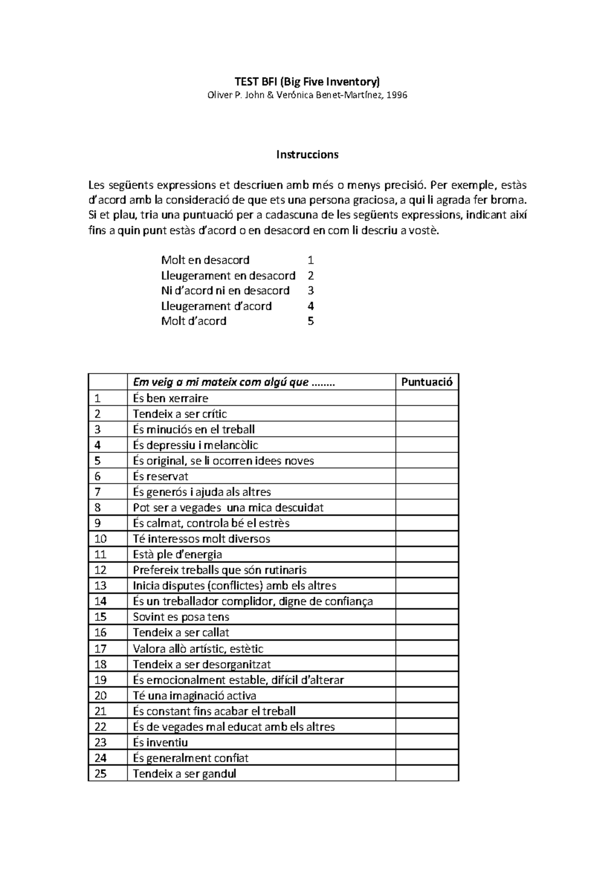 TEST BFI - TEST BFI - TEST BFI (Big Five Inventory) Oliver P. John ...