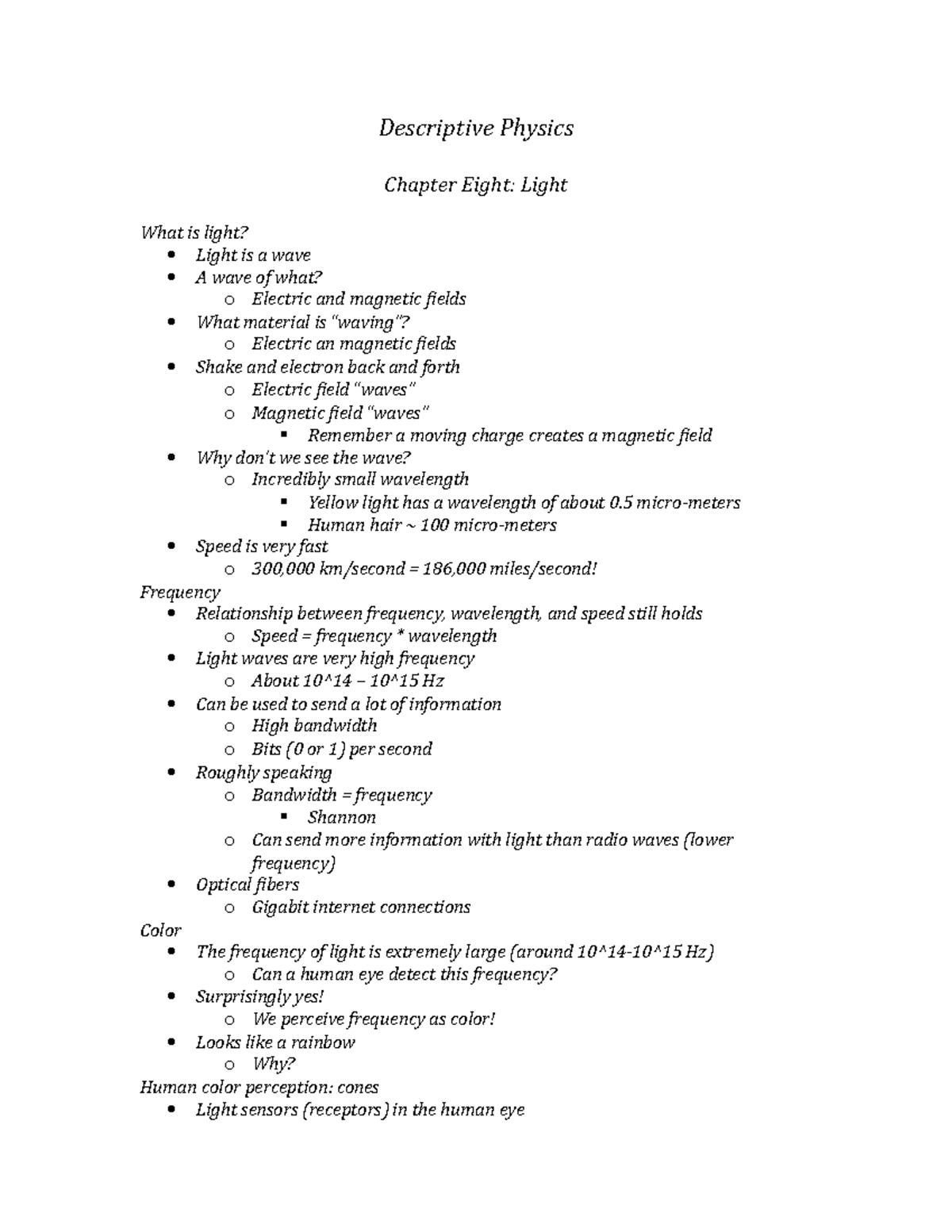 Chapters 8 Notes - Descriptive Physics Chapter Eight: Light What is ...