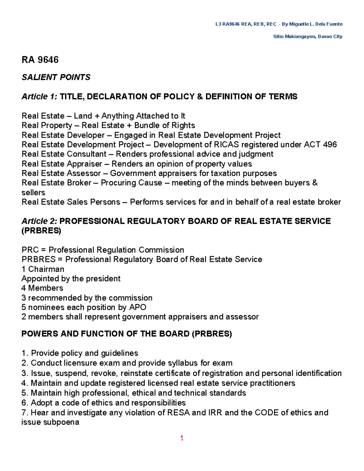 1.3. RA 9646 salient - RA 9646 SUMMARY - Sitio Makiangayon, Davao City ...
