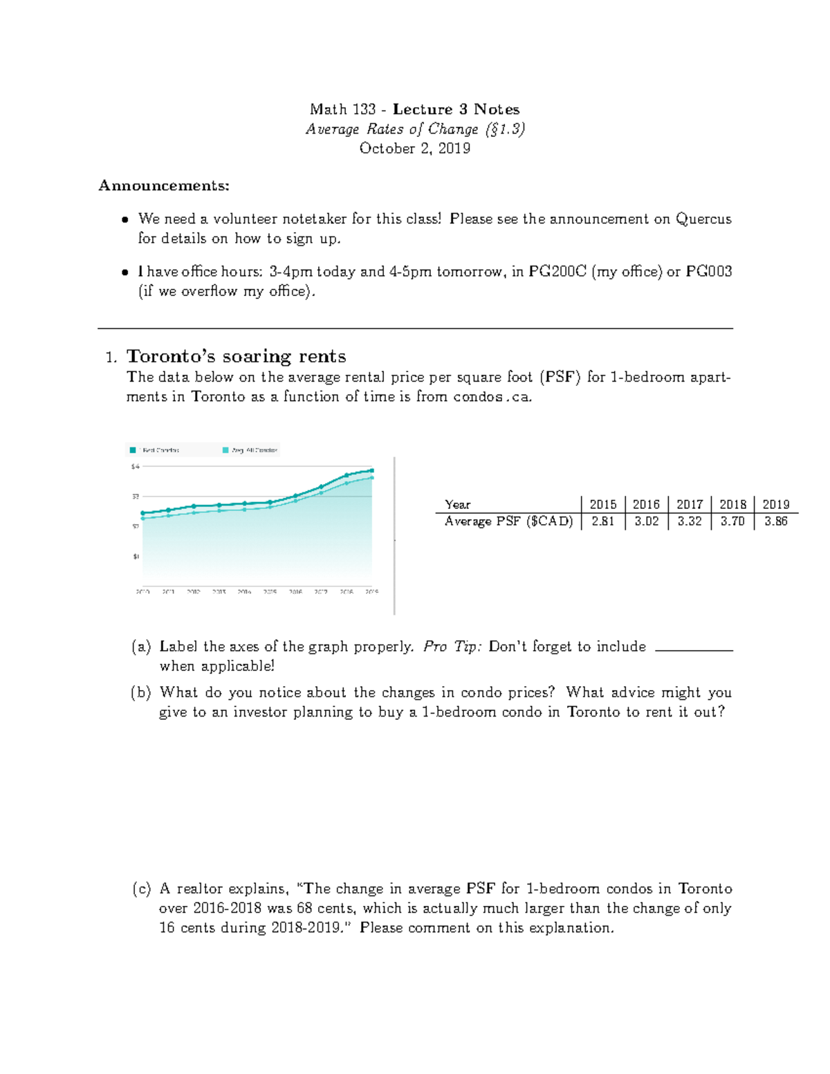 Lecture 3 Average Rates of Change - Math 133 -Lecture 3 Notes Average ...