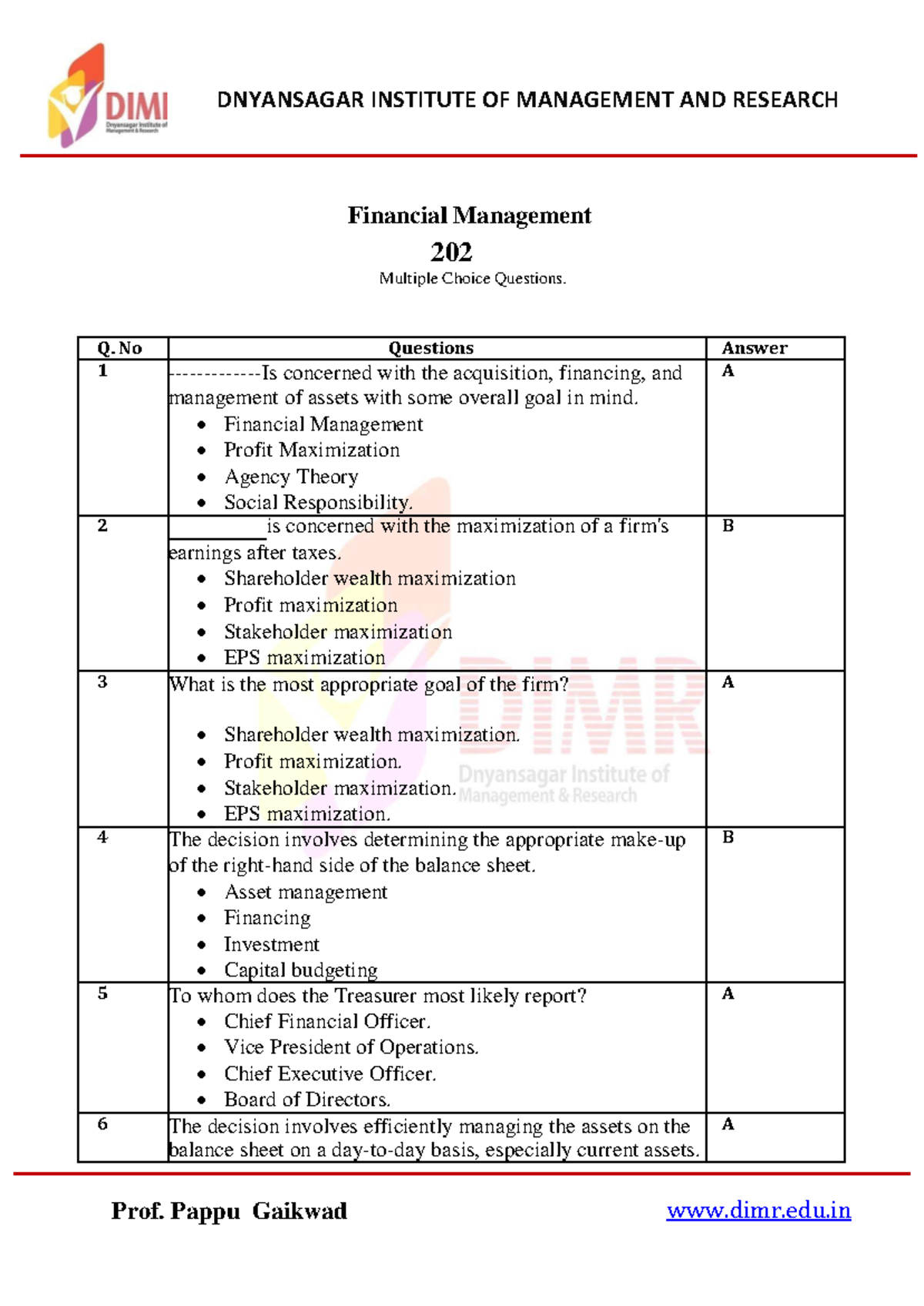 202 Financial Management MCQ - Financial Management 202 Multiple Choice Questions. Q. No ...